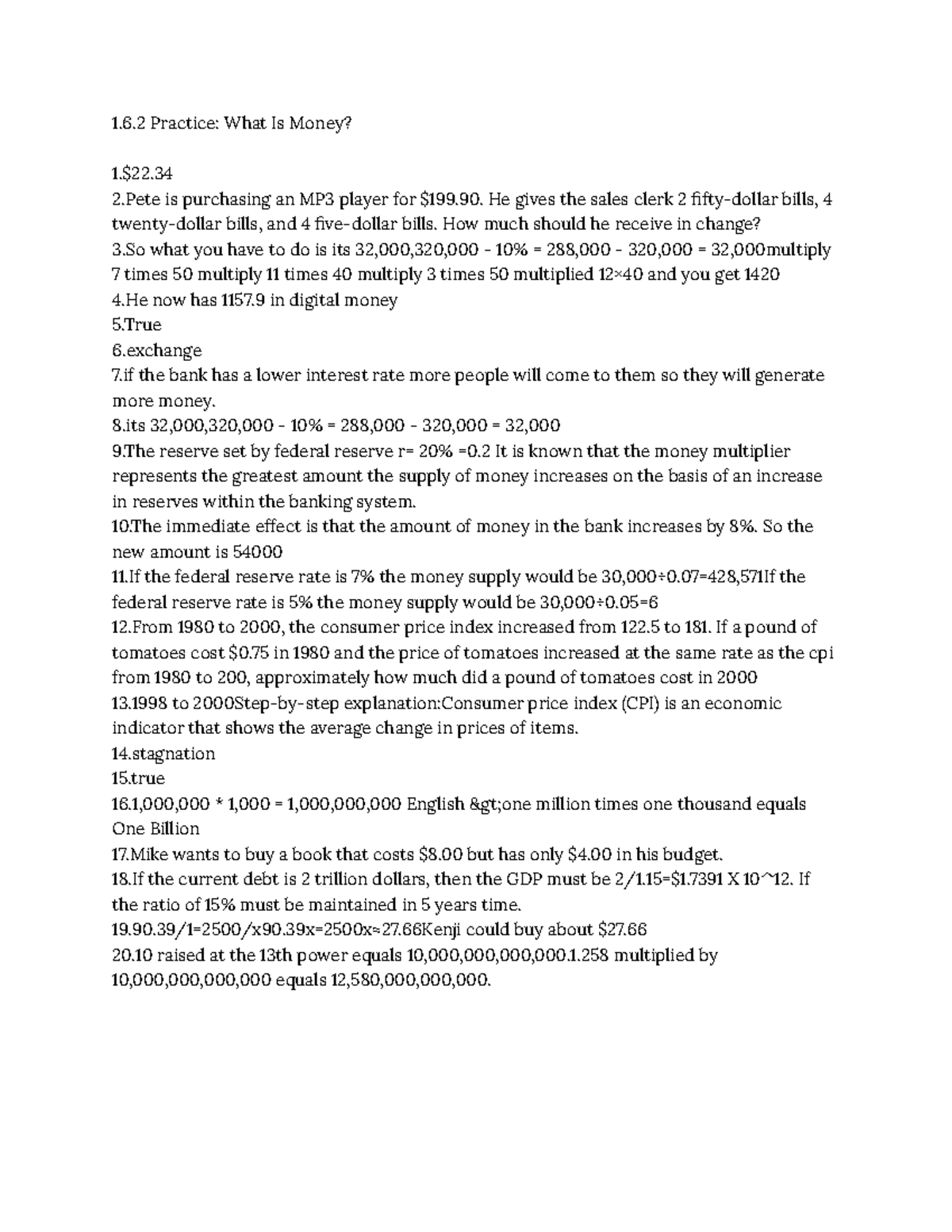 Unit 1 Financial Algebra - 1.6 Practice: What Is Money? 1.$22. 2 is ...