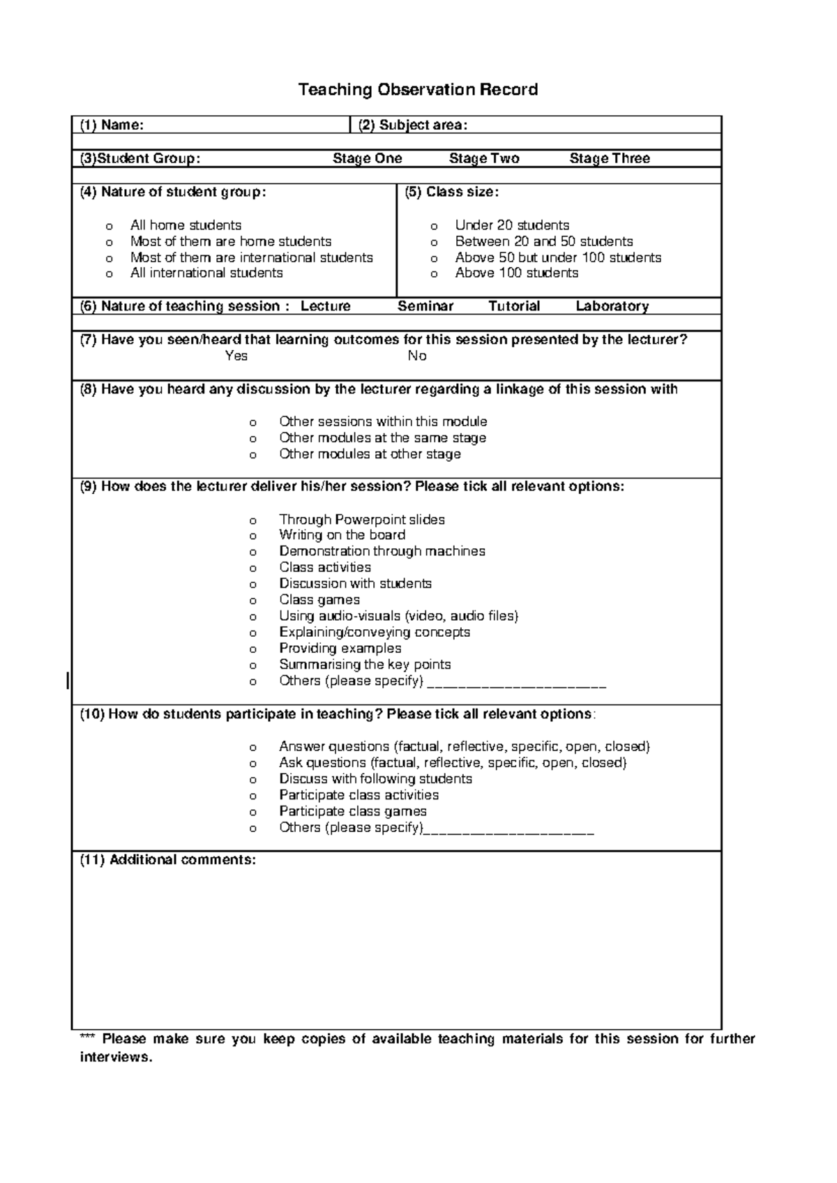 Teaching observation form - Teaching Observation Record (1) Name: (2 ...