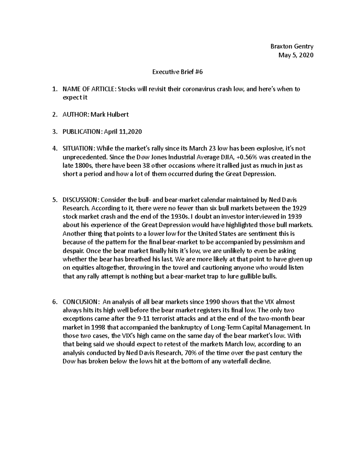 Executive Brief #6 - Business assignment - Braxton Gentry May 5, 2020 ...