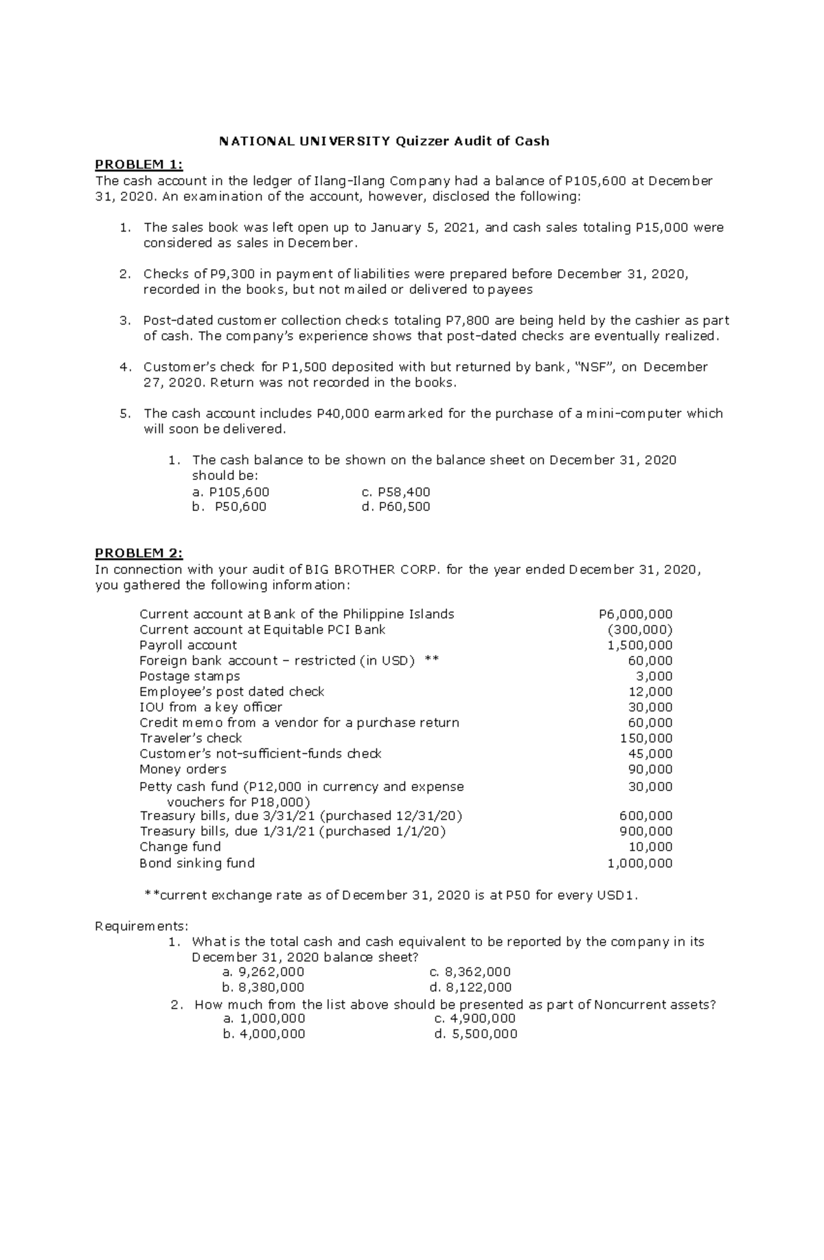 Audit of Cash Quizzer - notes - NATIONAL UNIVERSITY Quizzer Audit of ...