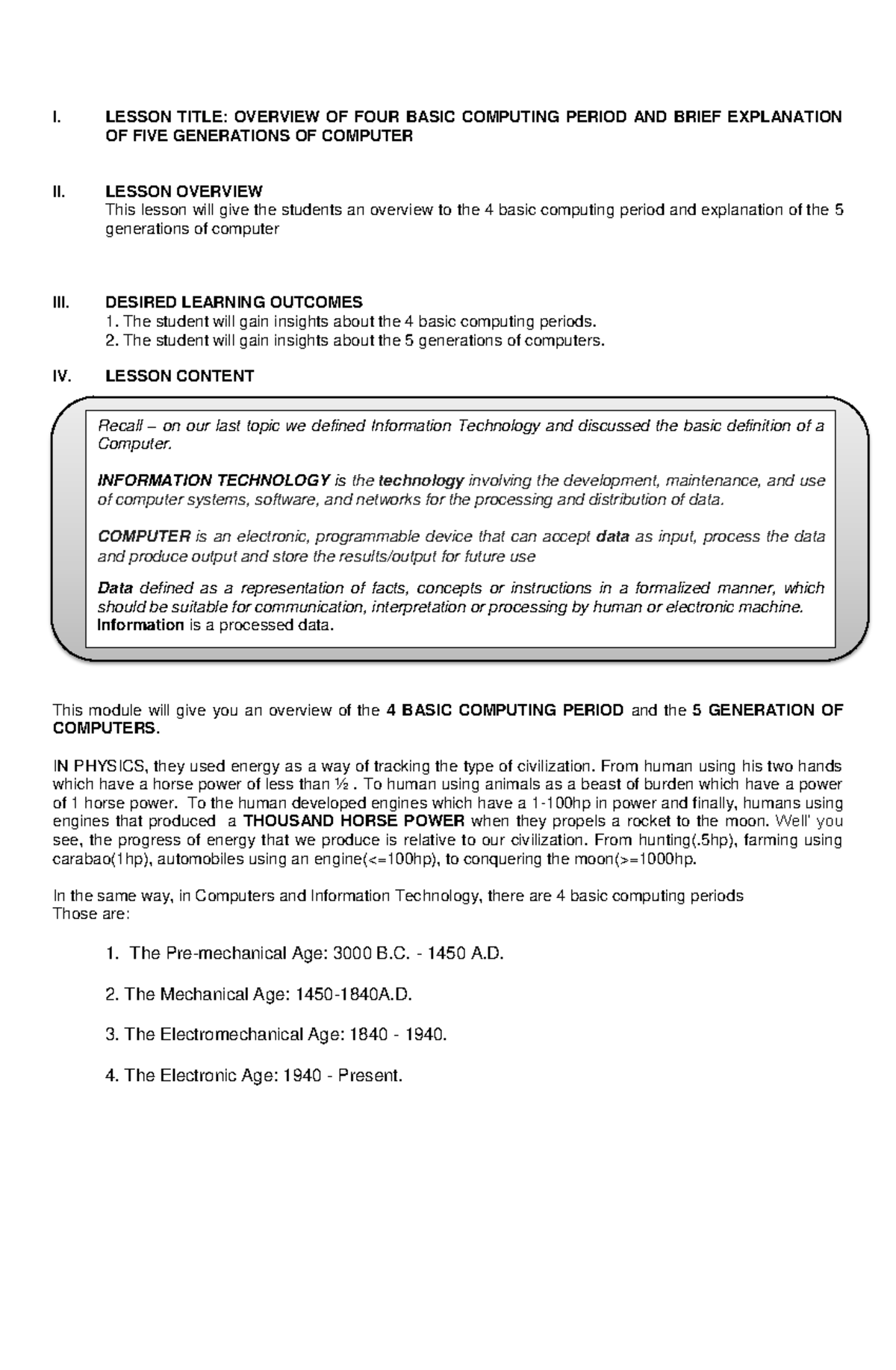 Overview OF FOUR Basic Computing Period - I. LESSON TITLE: OVERVIEW OF FOUR BASIC COMPUTING ...