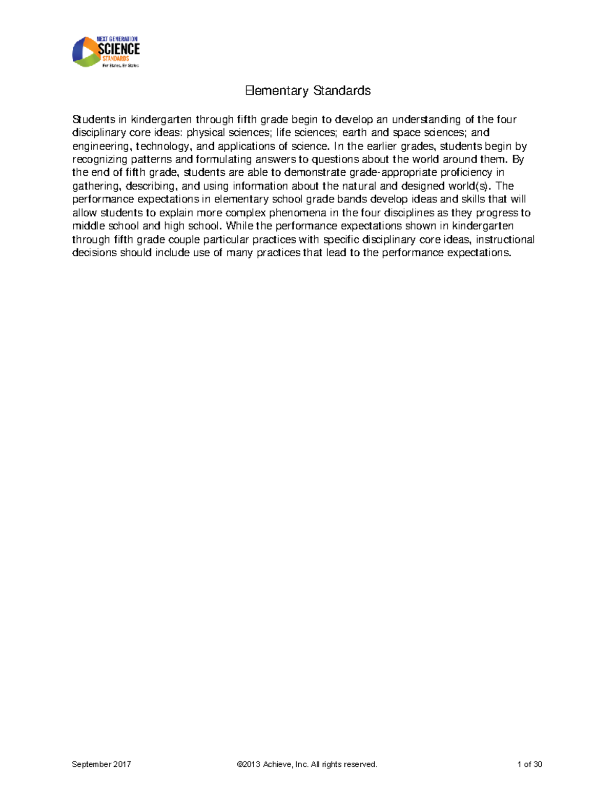 2017 Next Generation Science Standards - Elementary Standards Students ...