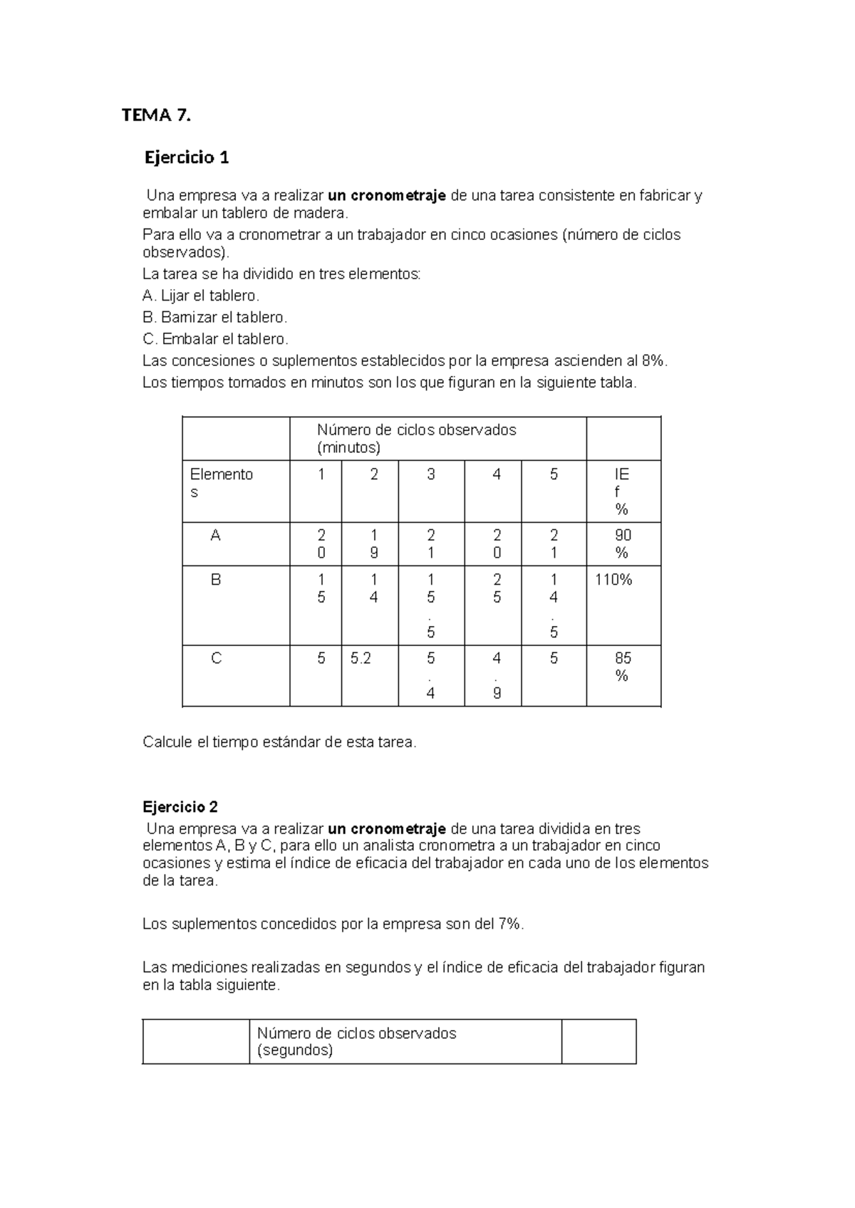 Ejercicios Tema 7 - TEMA 7. Ejercicio 1 Una empresa va a realizar un cronometraje de una tarea ...