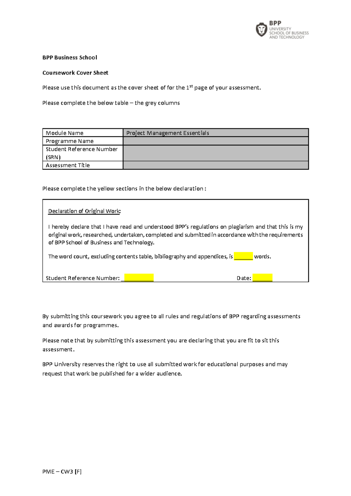Formative Assessment PME CW3 Draft V0 - BPP Business School Coursework Cover Sheet Please use ...