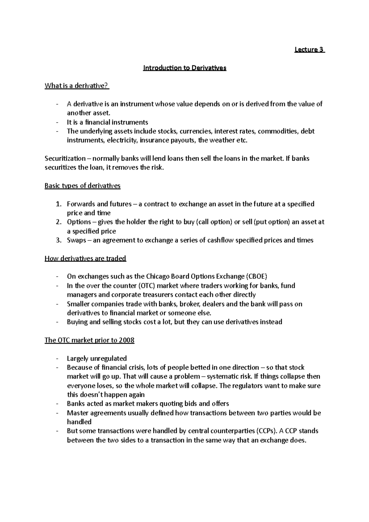 Lecture 3 - Introduction to Derivatives - Lecture 3 Introduction to ...