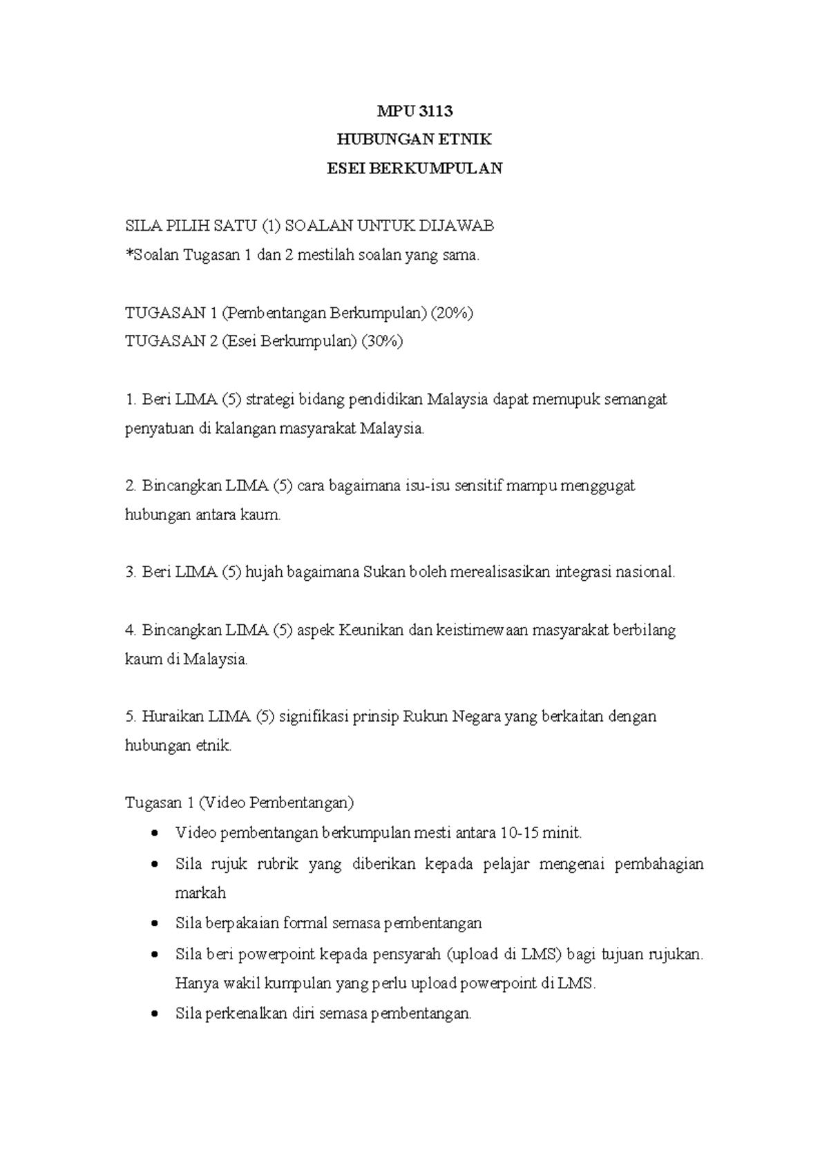 HB assignment - MPU 3113 HUBUNGAN ETNIK ESEI BERKUMPULAN SILA PILIH SATU (1) SOALAN UNTUK ...