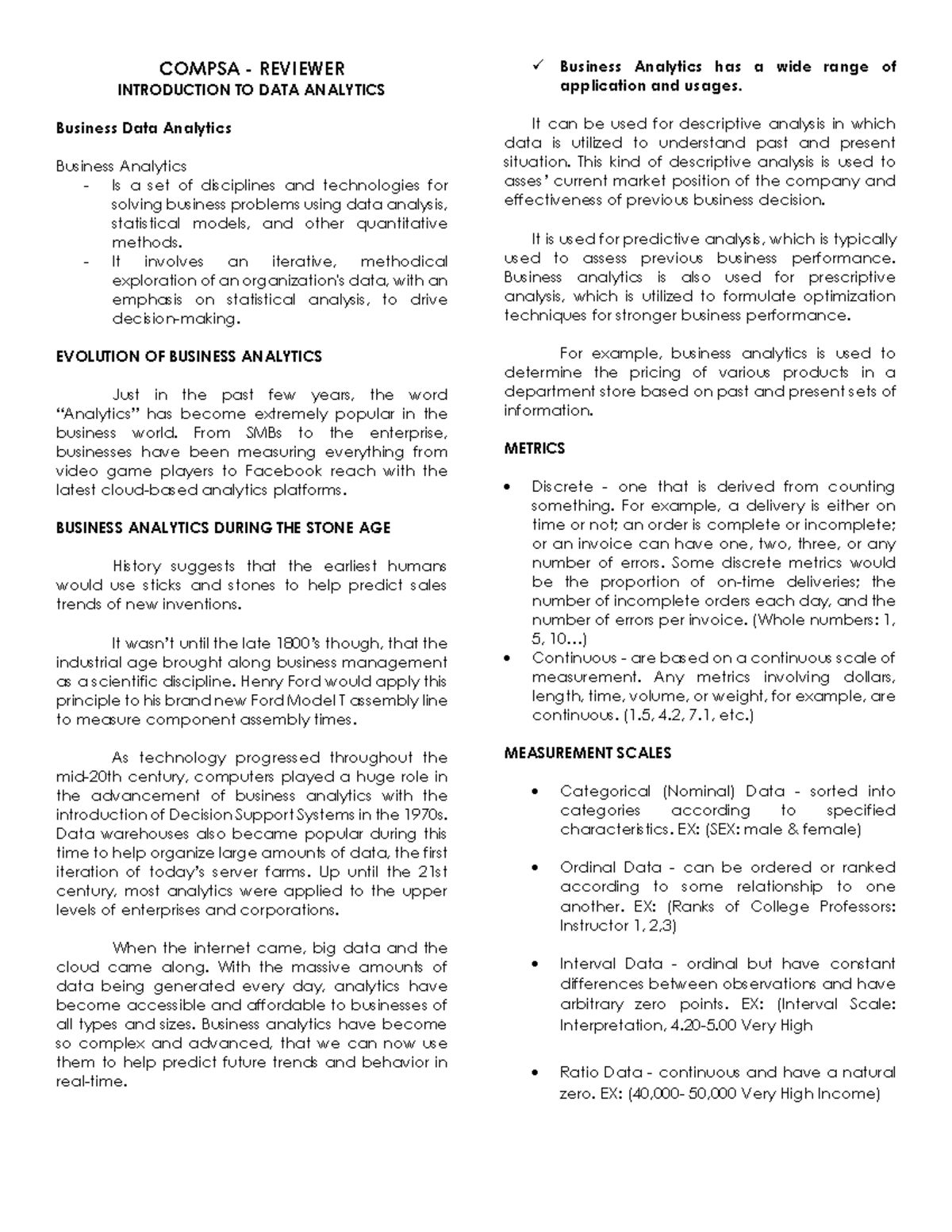Compsa- Midterm- Reviewer - COMPSA - REVIEWER INTRODUCTION TO DATA ANALYTICS Business Data ...
