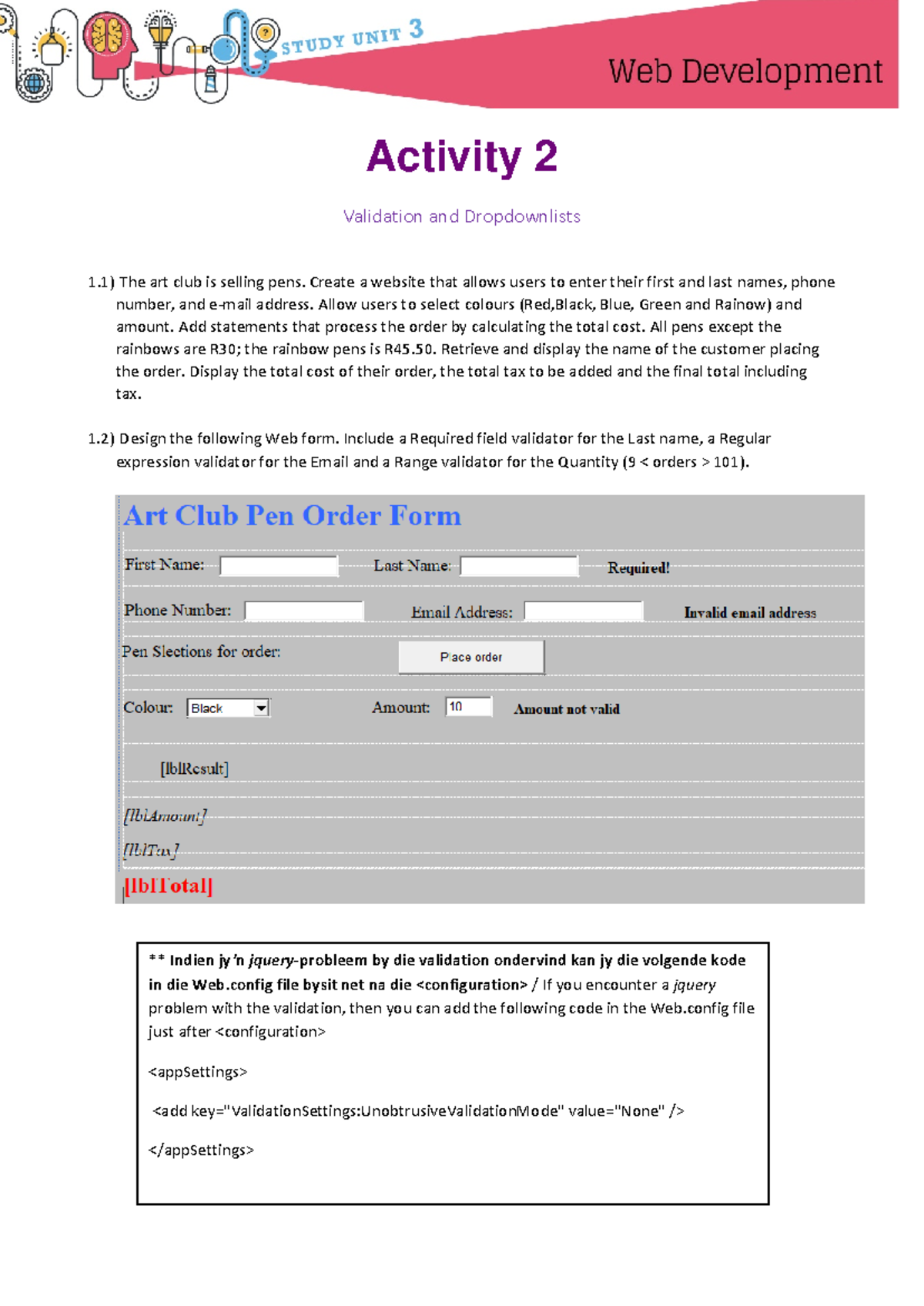 Activity 2 memo - practical assignments - Activity 2 Validation and Dropdownlists The art club ...