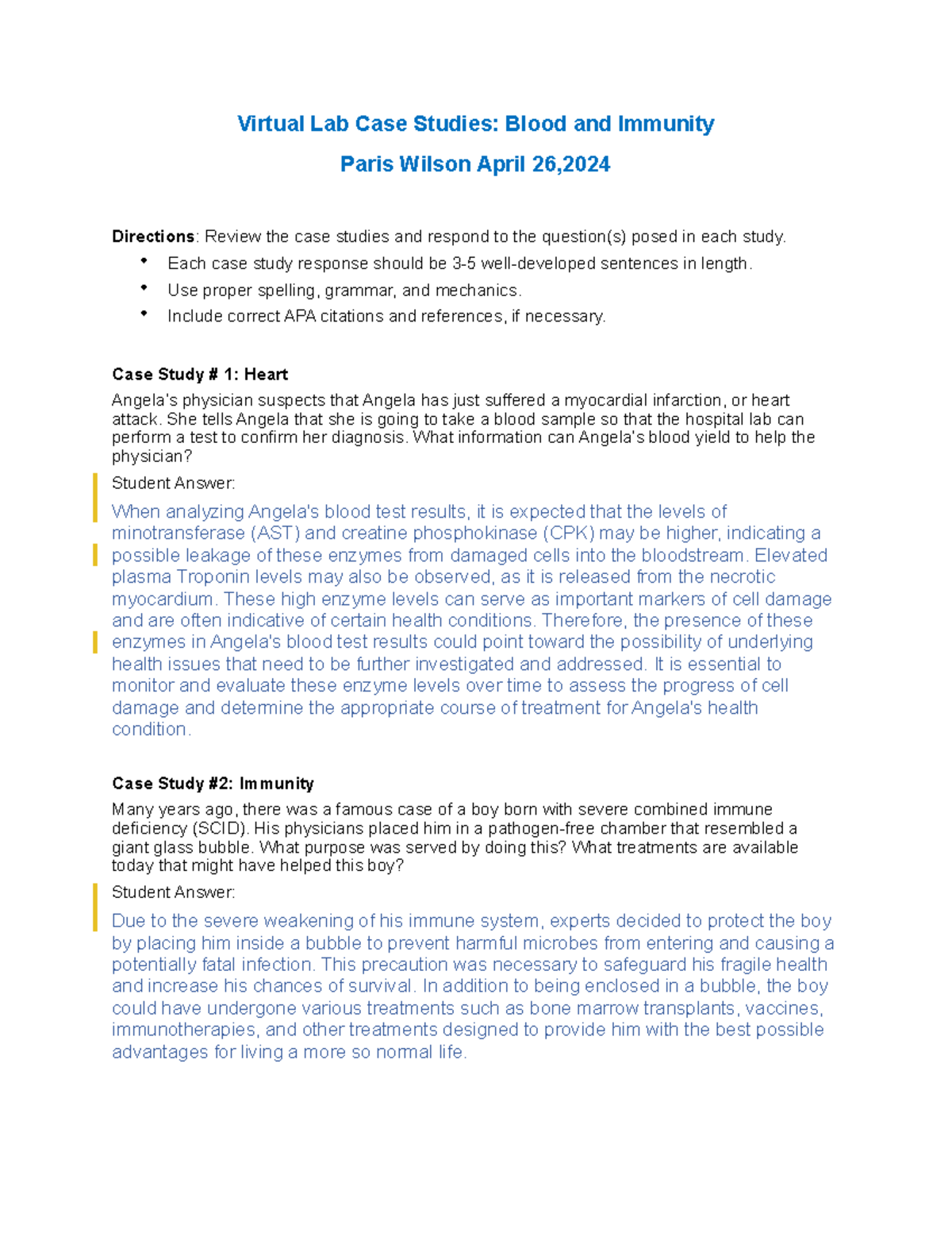 AHP106 Wk4 Virtual Lab - LABS FOR WEEK 4 - Virtual Lab Case Studies: Blood and Immunity Paris ...