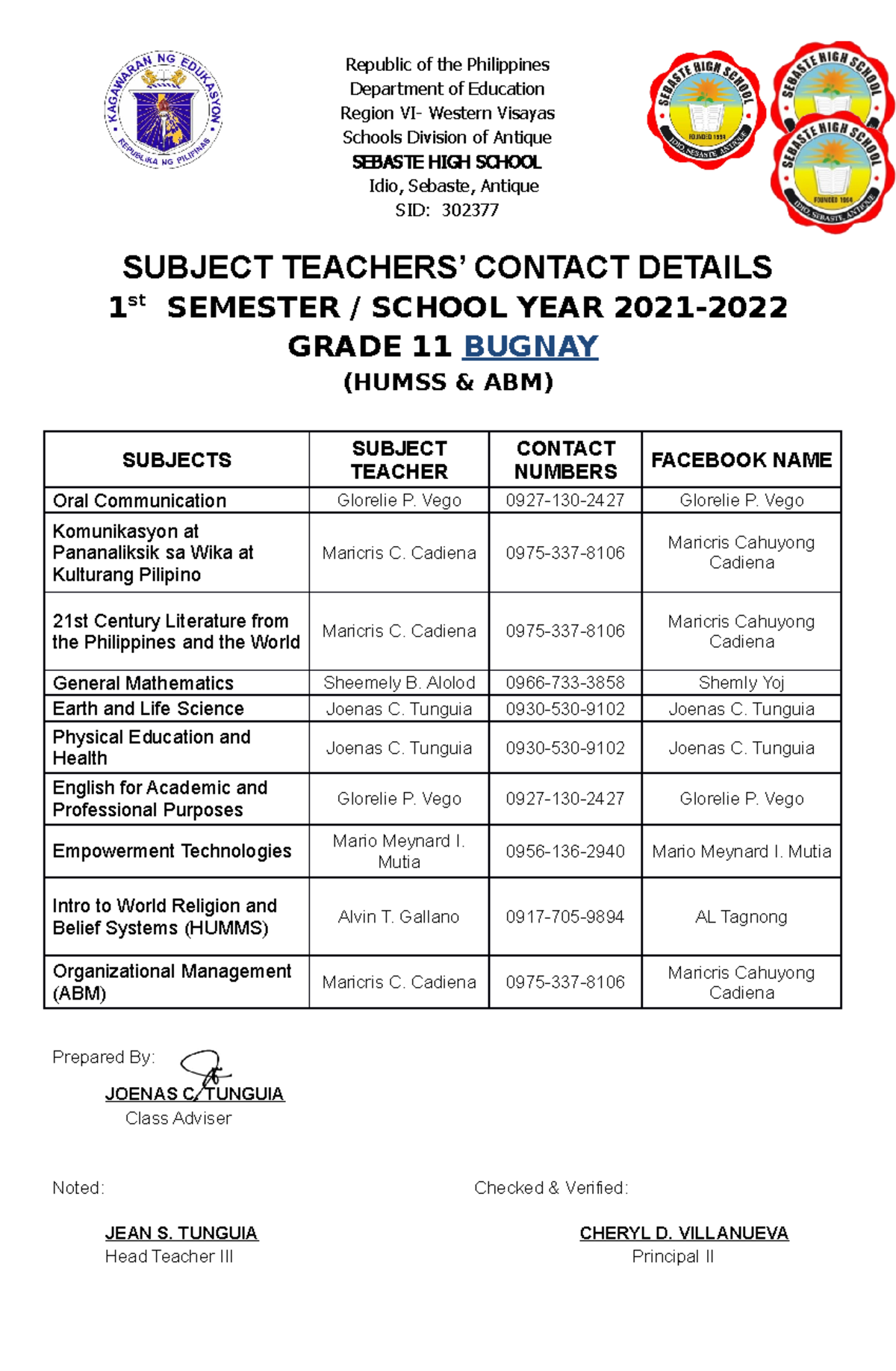 1st Sem G11 Bugnay Subject Teachers Contact Details - Republic of the ...
