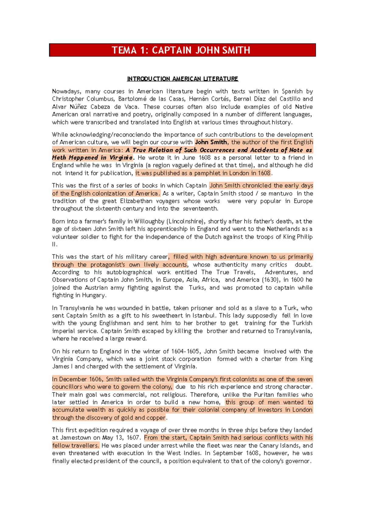 1. JOHN Smith Ingles - TEMA 1: CAPTAIN JOHN SMITH INTRODUCTION AMERICAN ...