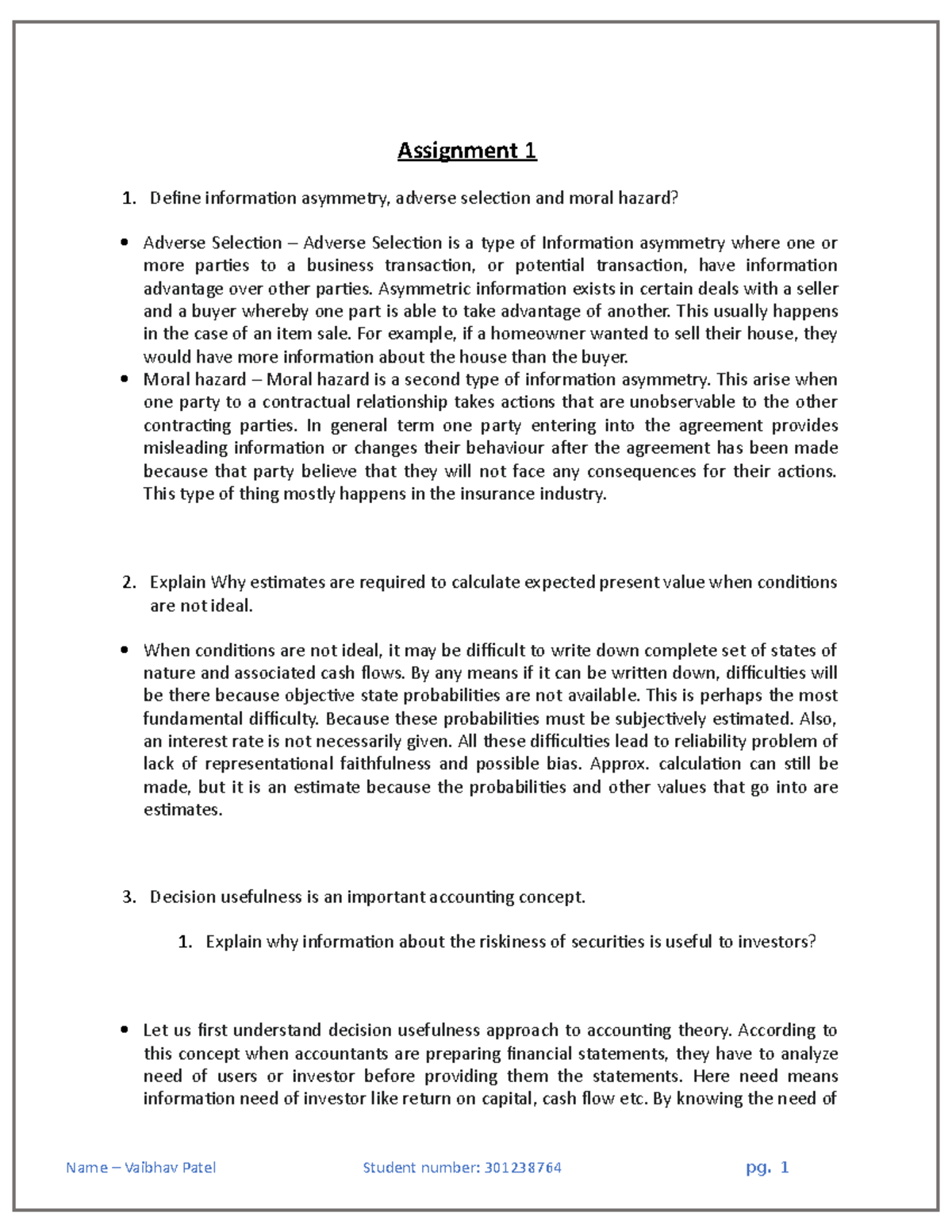 Assignment 11 - Assignment 1 Define information asymmetry, adverse ...