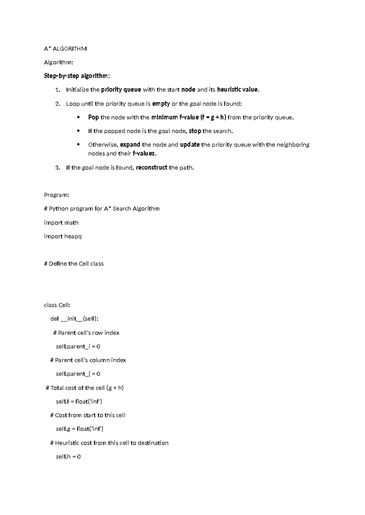 AI PGMS - practice materials - A* ALGORITHM Algorithm: Step-by-step ...