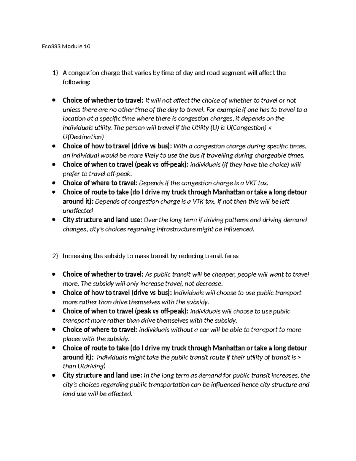 Eco333 notes, 2022-2023 - Eco333 Module 10 1) A congestion charge that ...