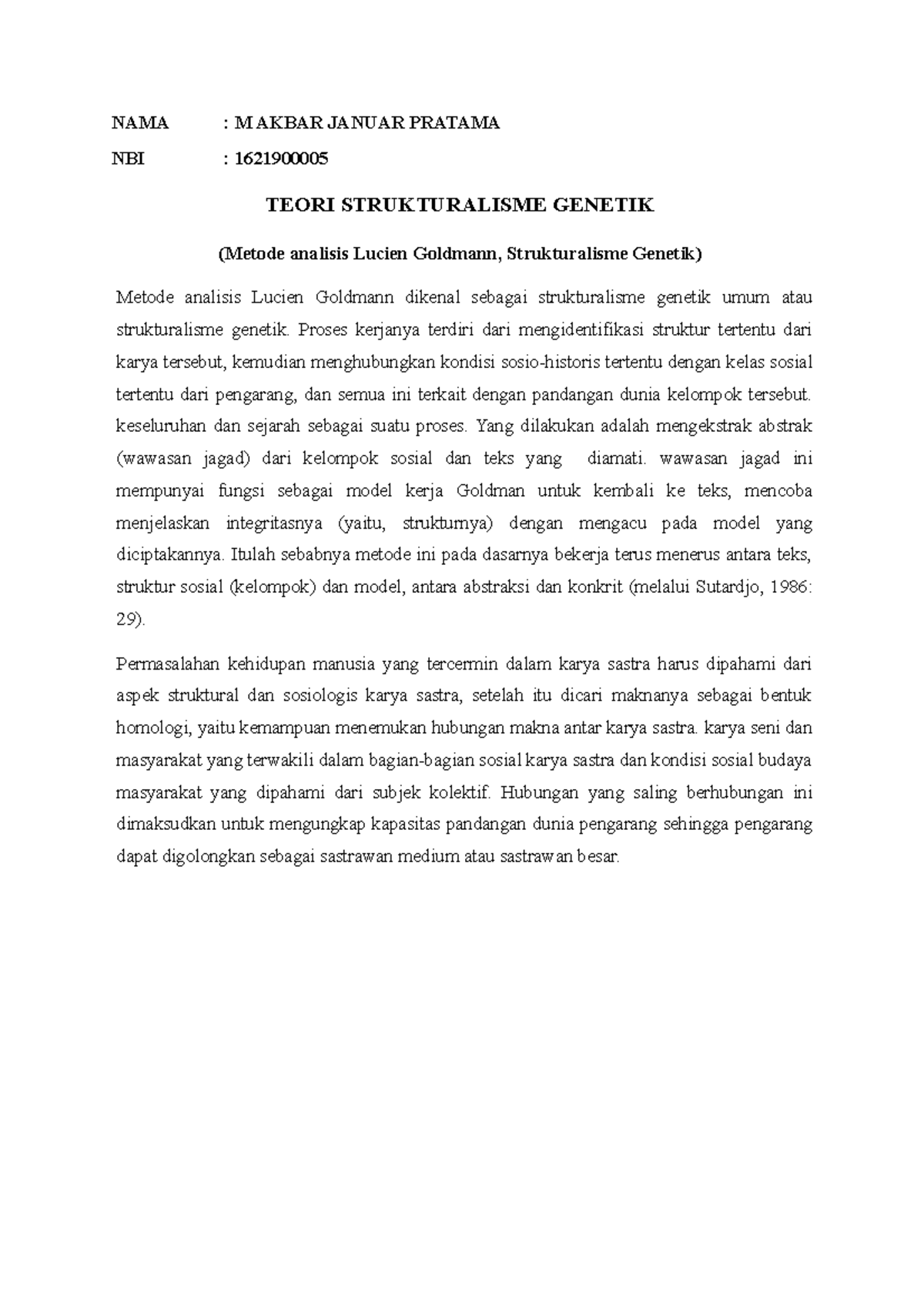 Teori Strukturalisme Genetik (Metode analisis Lucien Goldmann ...