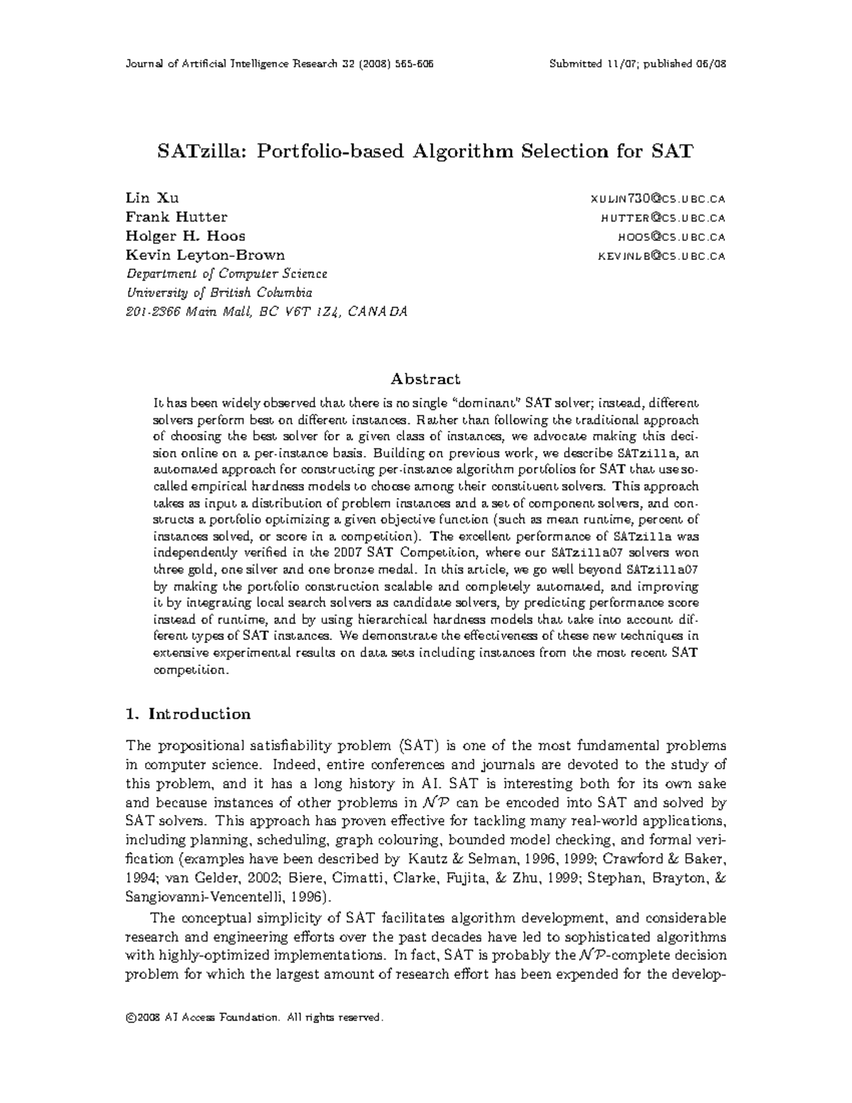 SATzilla Portfolio-based Algorithm Selection for SAT - Hoos hoos@cs Kevin Leyton-Brown kevinlb ...