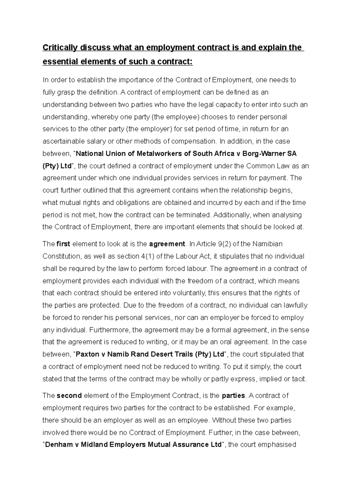 1. Critically discuss what an employment contract is and explain the ...