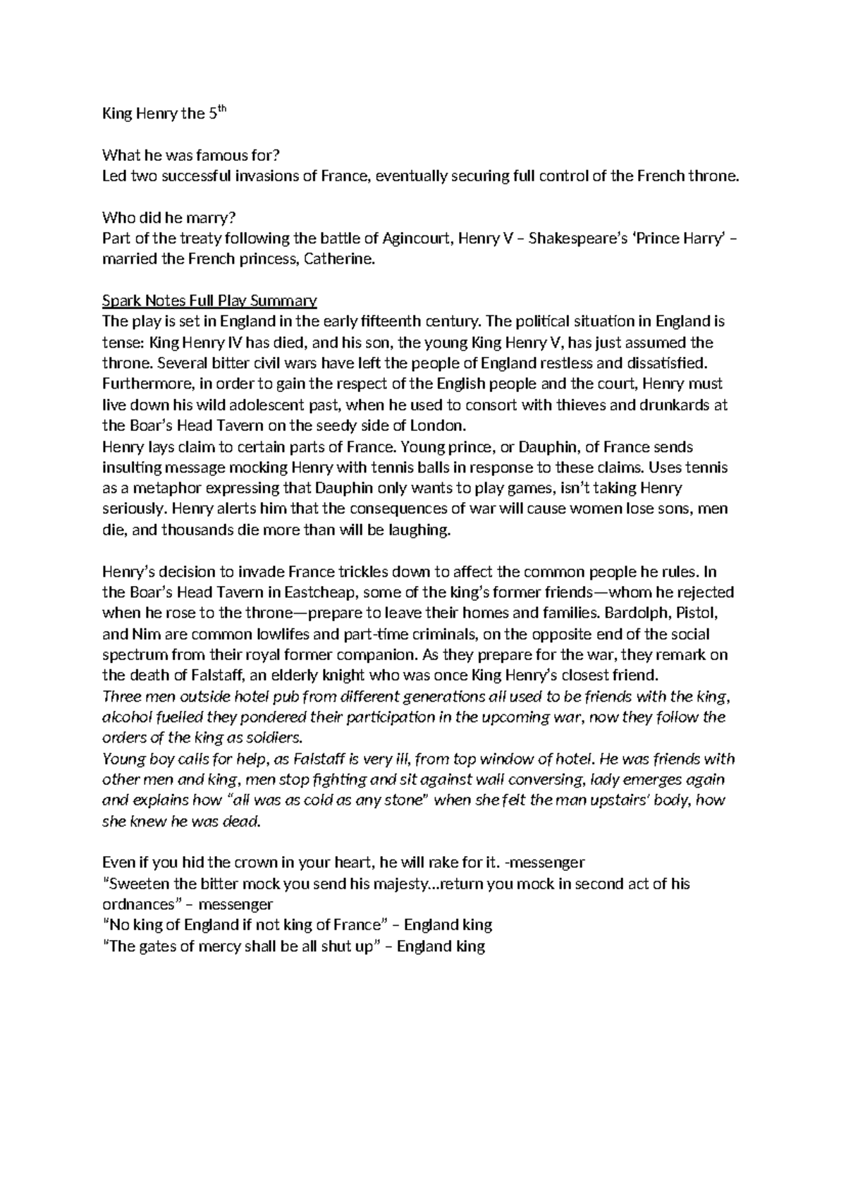 Henry V summary - King Henry the 5th What he was famous for? Led two successful invasions of ...