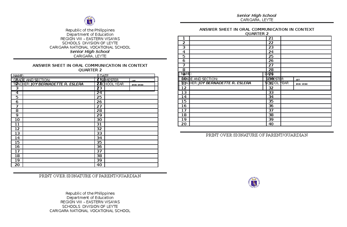 Answer Sheet Template OC RWS - Republic of the Philippines Department ...