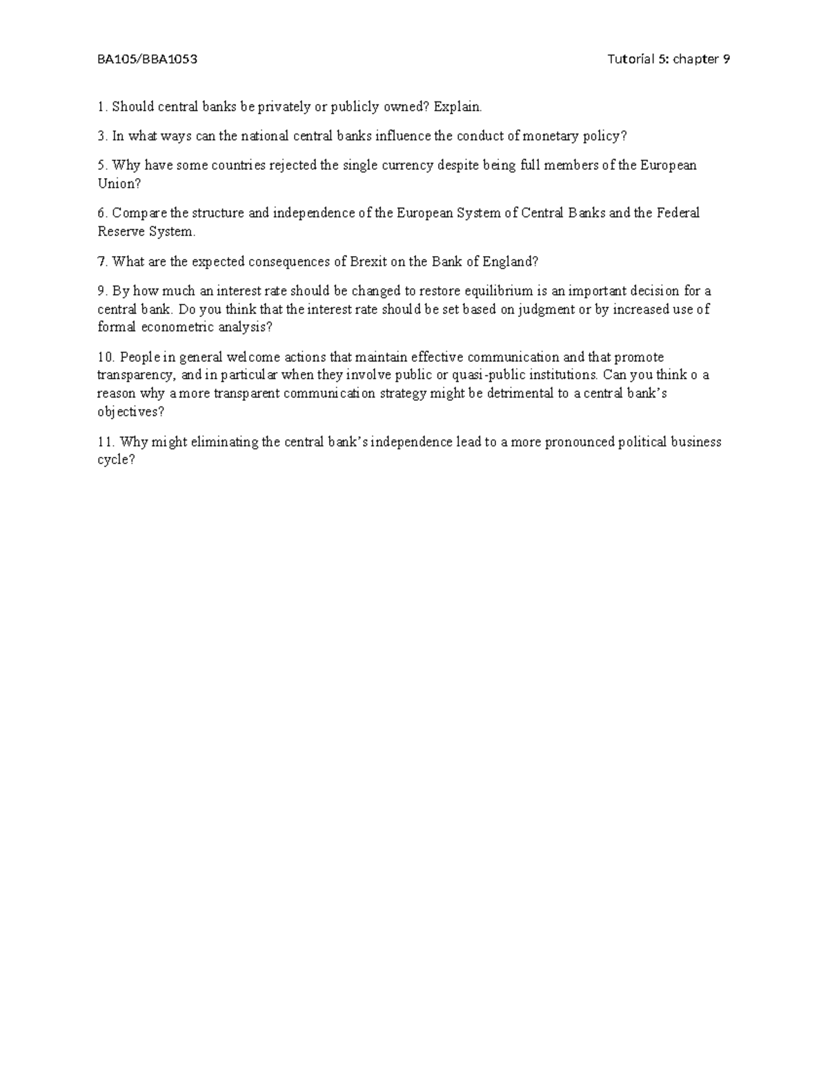 Tutorial 6 - ch 9 - 1bnkllhddxssdhn - BA105/BBA1053 Tutorial 5: chapter ...