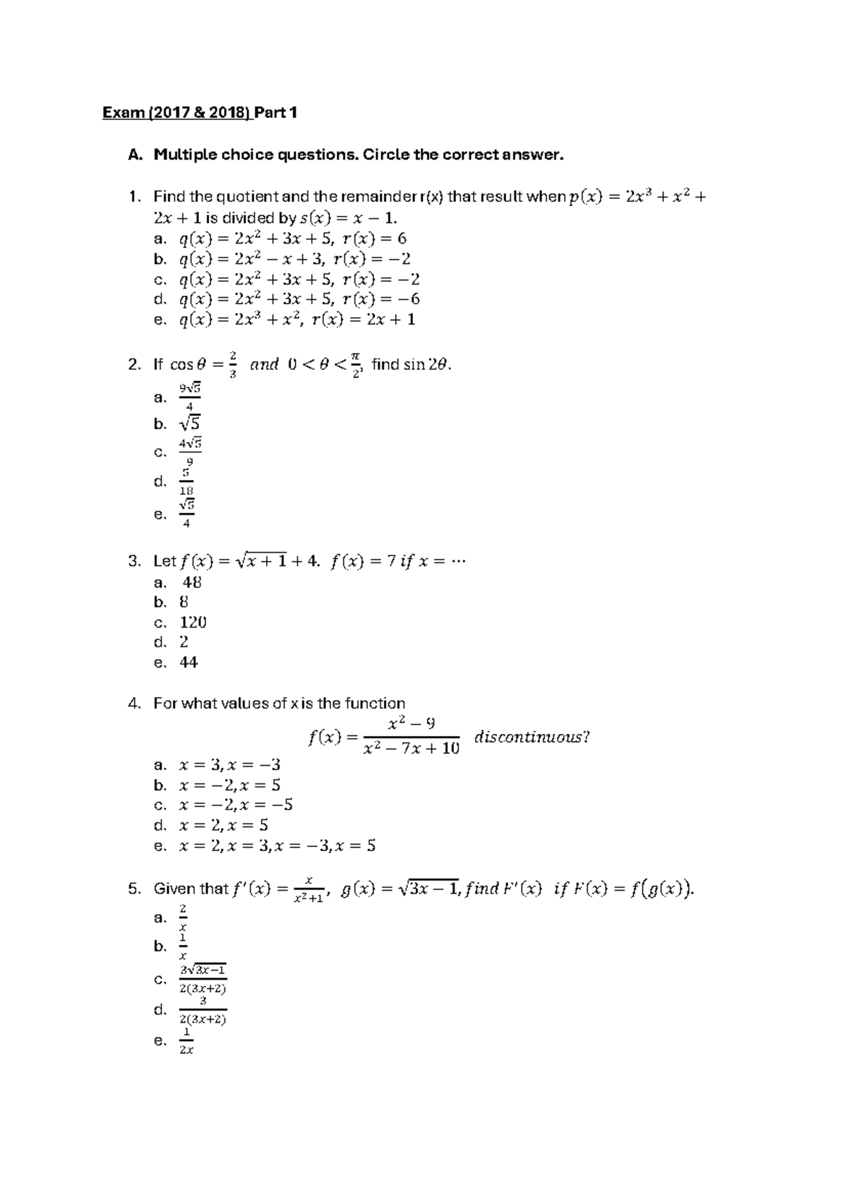 Exam Prep Part 1 (MATH131) 2024 - Exam (2017 & 2018) Part 1 A. Multiple ...