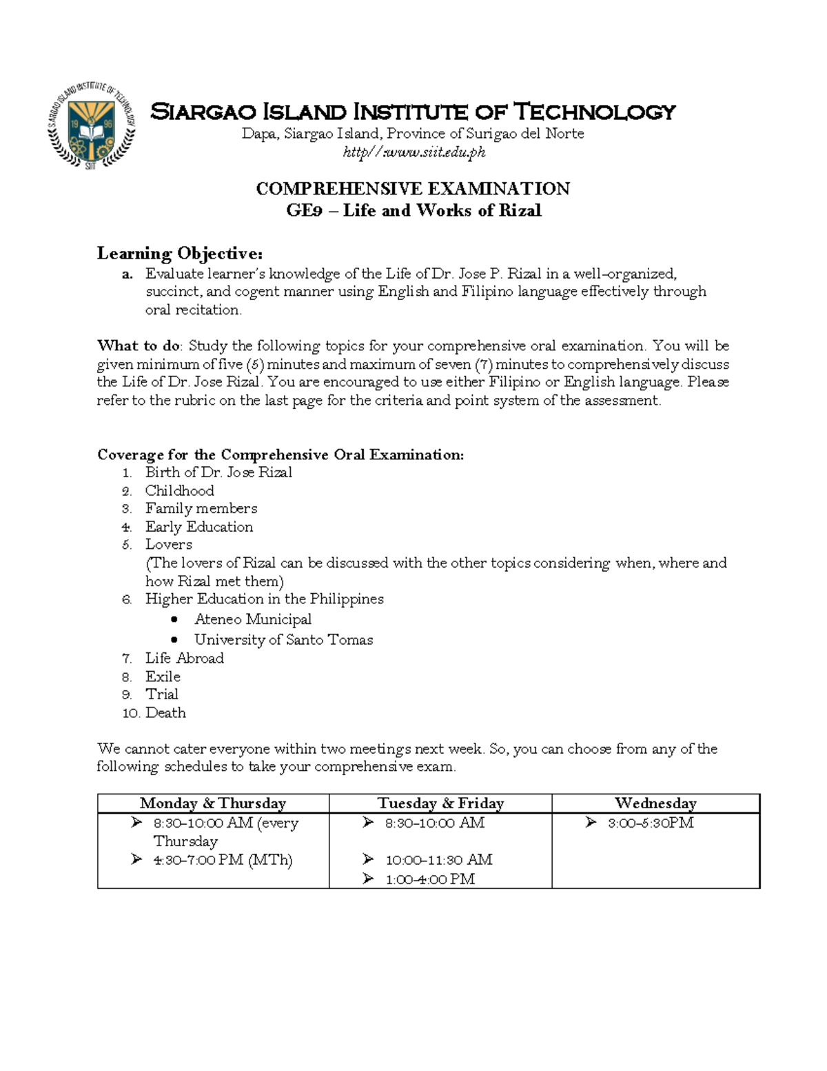 Comprehensive-ORAL- Examination - Siargao Island Institute of ...