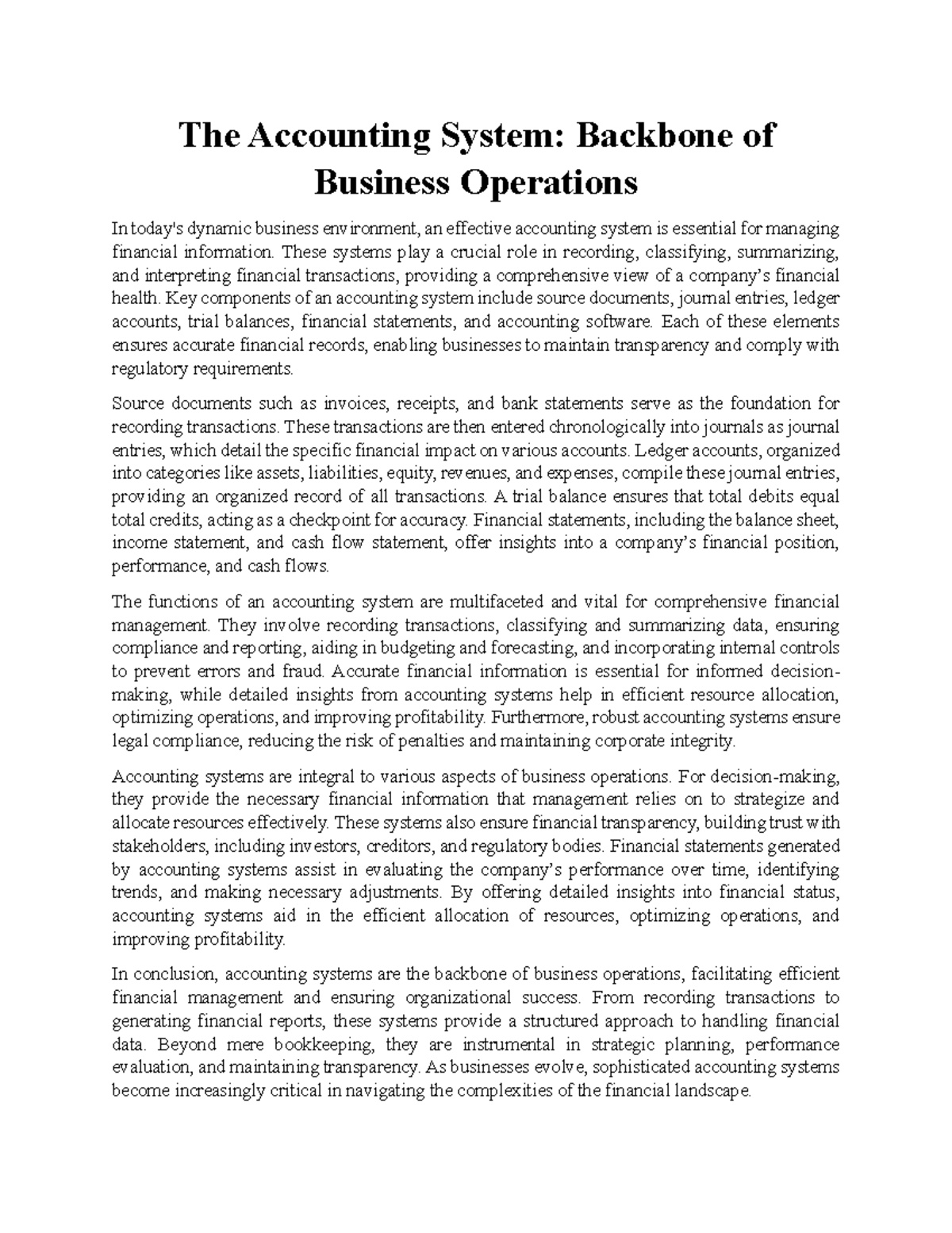 Ess a y - The Accounting System - The Accounting System: Backbone of ...