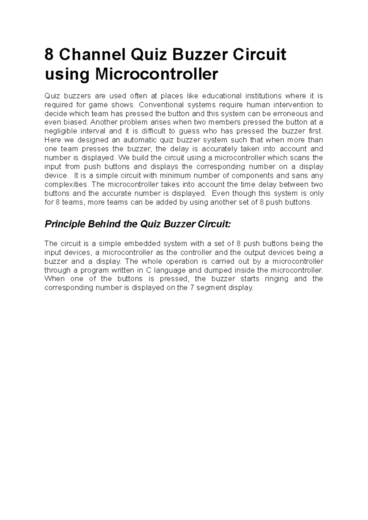8 Channel Quiz Buzzer Circuit using Microcontroller - Conventional systems require human - Studocu