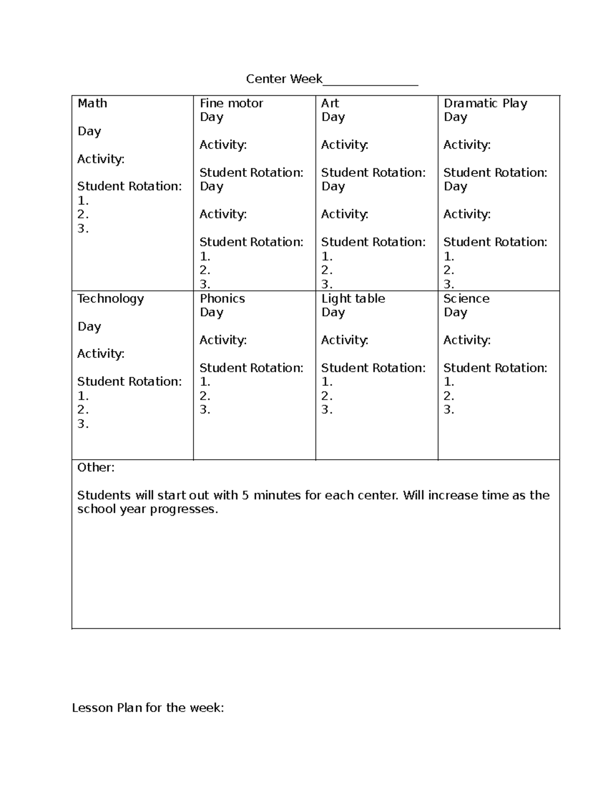 Center and Lesson plan - Center Week________________ Math Day Activity ...
