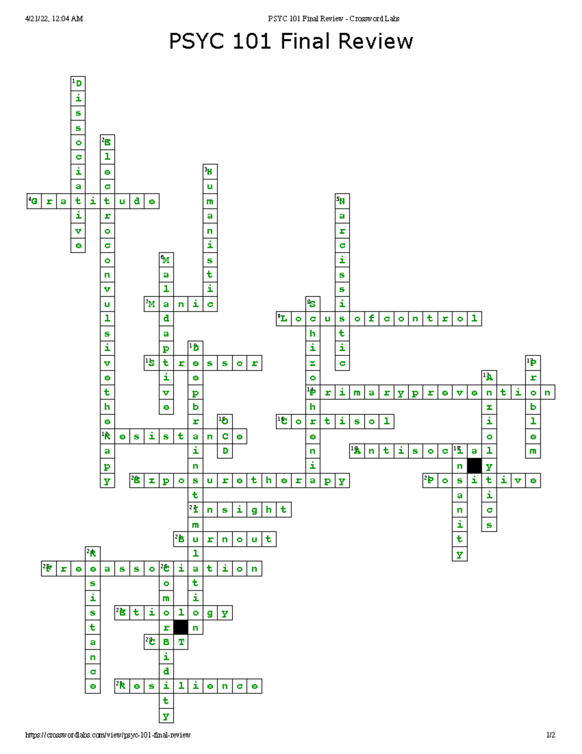 PSYC 101 Final Review - Crossword Labs - Studocu