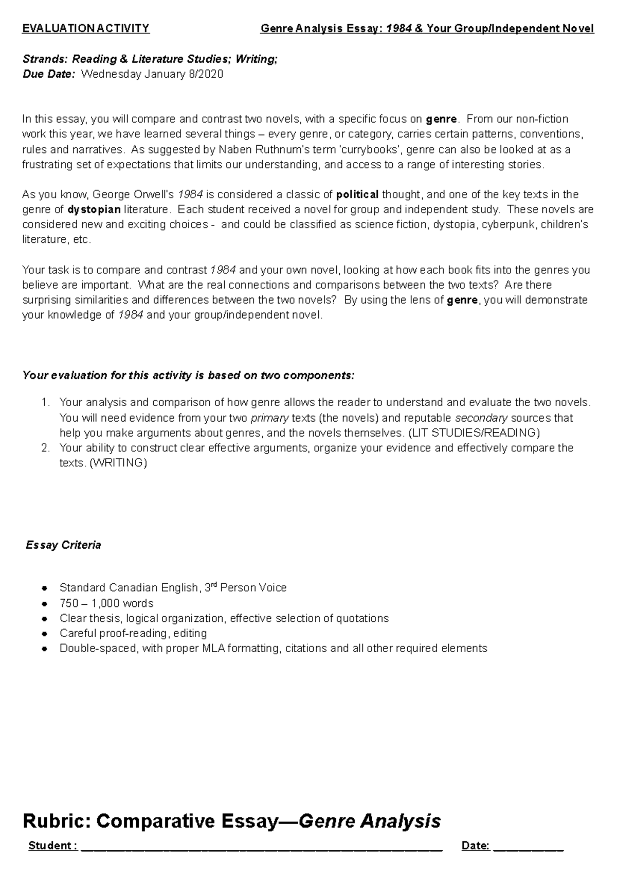 ENG 3UP-1984 & Genre Analysis Essay - EVALUATION ACTIVITY Genre ...