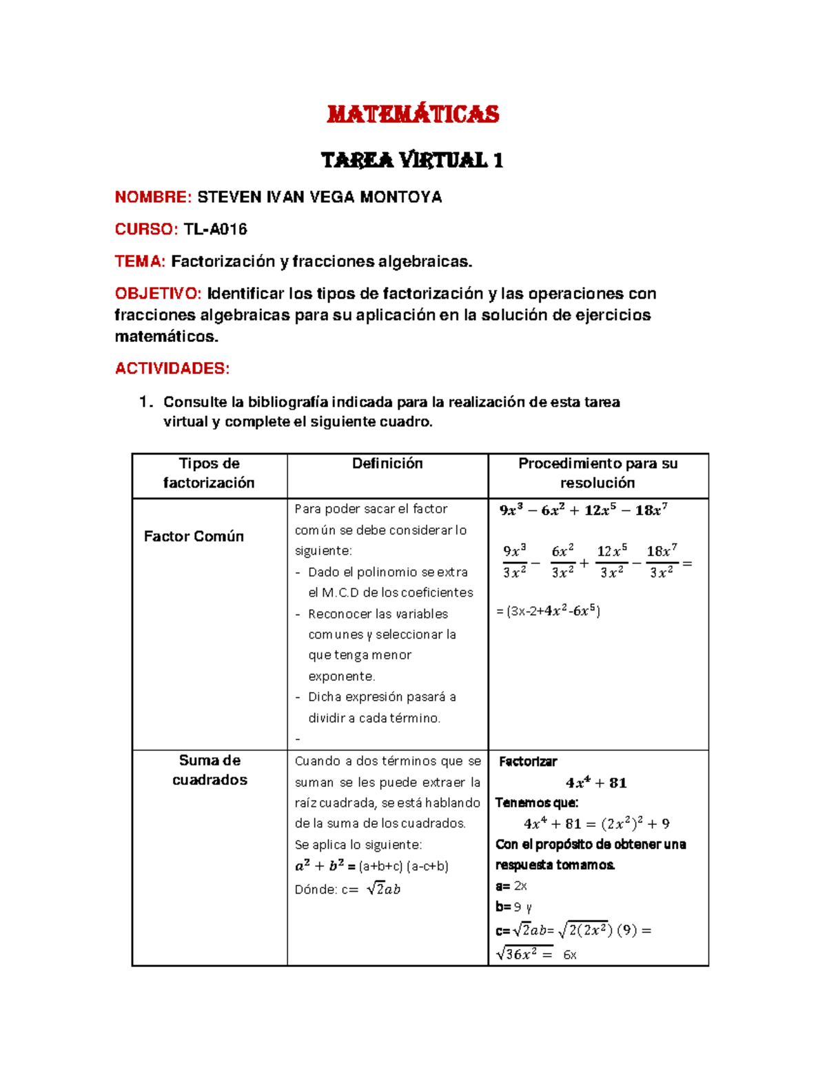 Matemáticas- Factorizacion Tarea 1PDF - MATEMÁTICAS TAREA VIRTUAL 1 NOMBRE: STEVEN IVAN VEGA ...