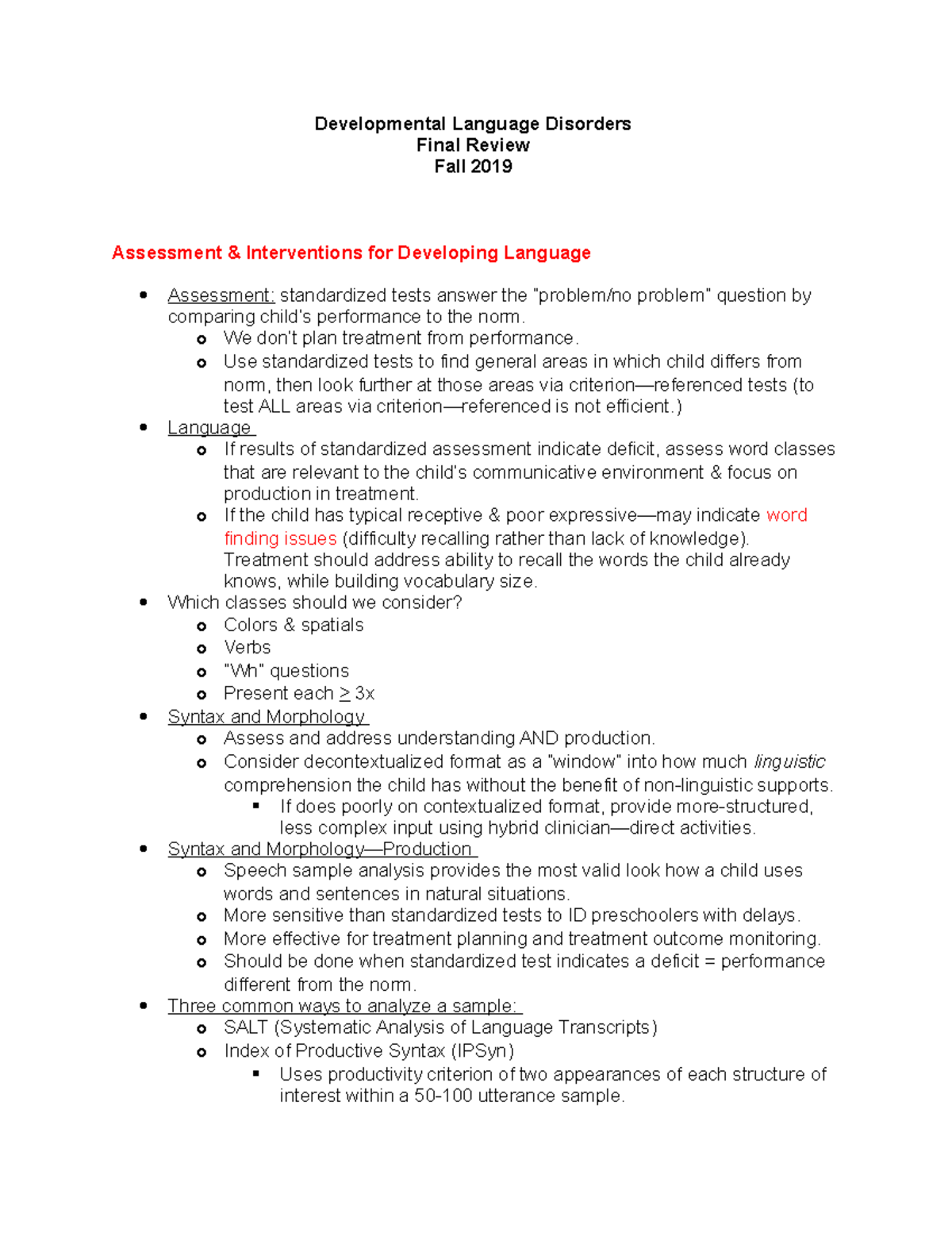Developmental Language Disorders Final Review Fall 2019 - Studocu