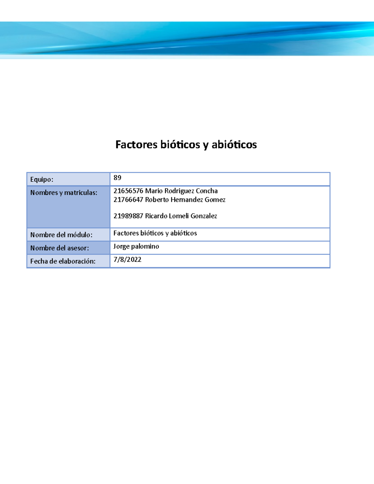2 Ensayo de factores bioticos y abioticos - Factores bióticos y abióticos Equipo: 89 Nombres y ...