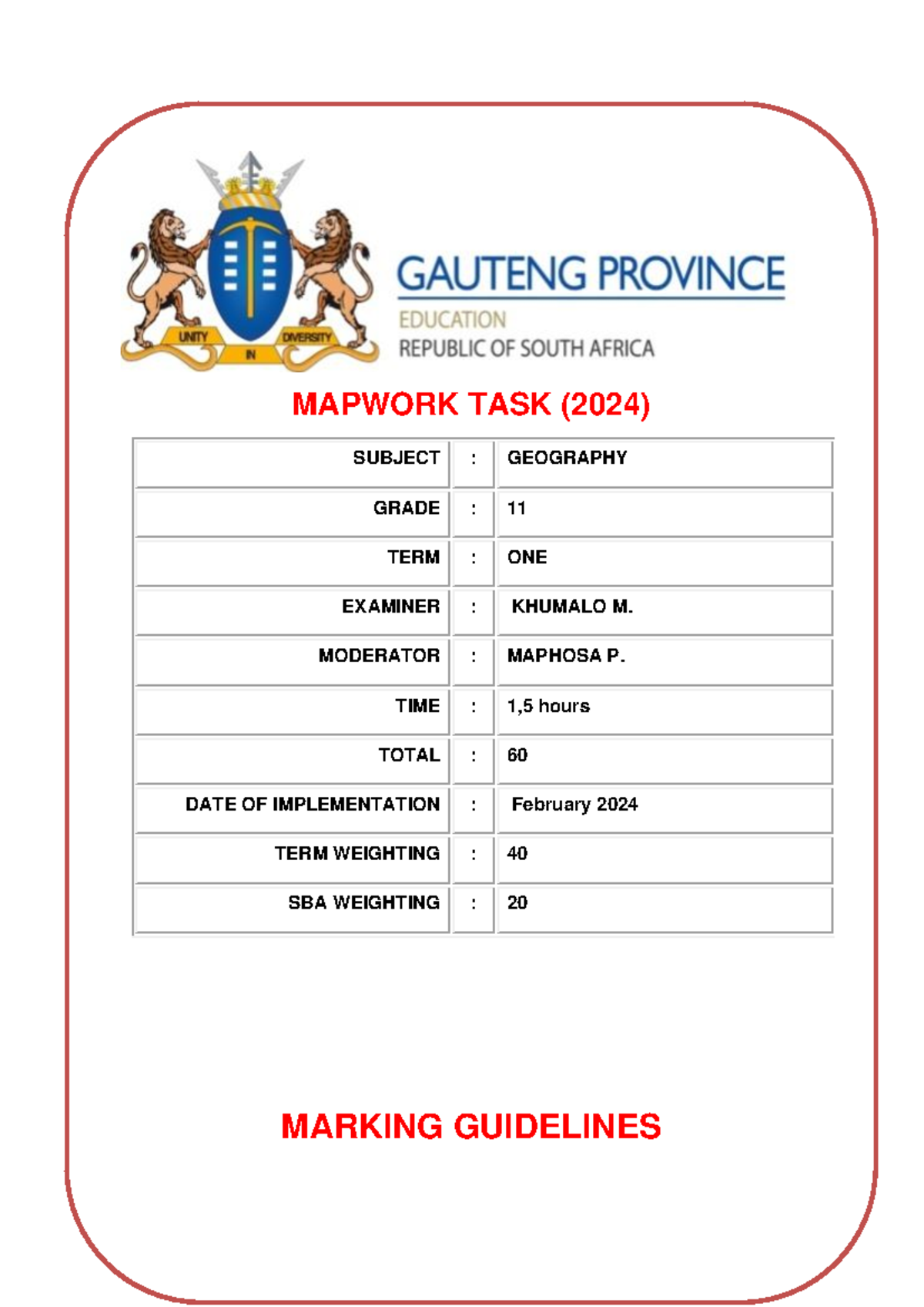 2024 Grade 11 Mapwork TASK Ermelo Marking Guide - MAPWORK TASK (202 4 ...