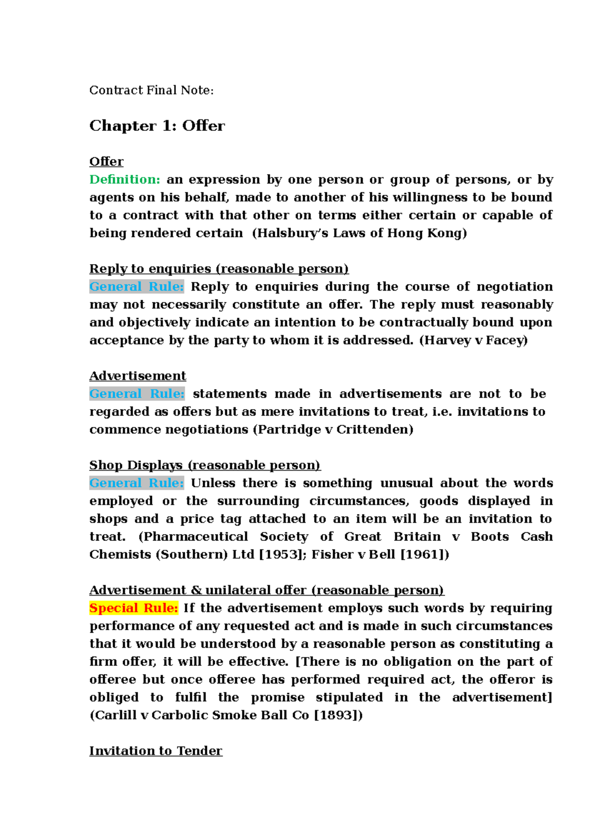 Contract Final Note - Lecture notes 1-10 - Contract Final Note: Chapter ...