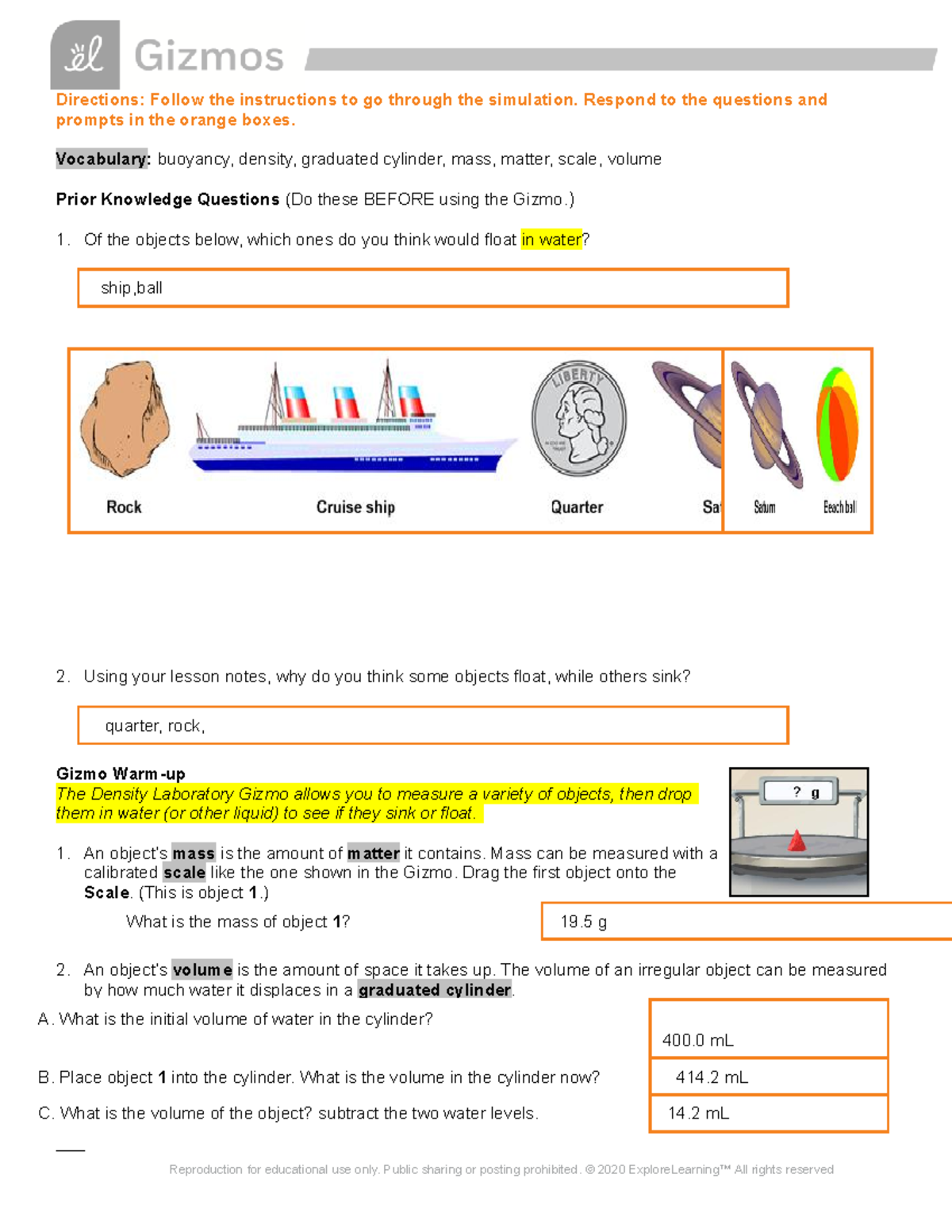 SNC1D-6 Block 2 Density Lab SE - Directions: Follow the instructions to ...