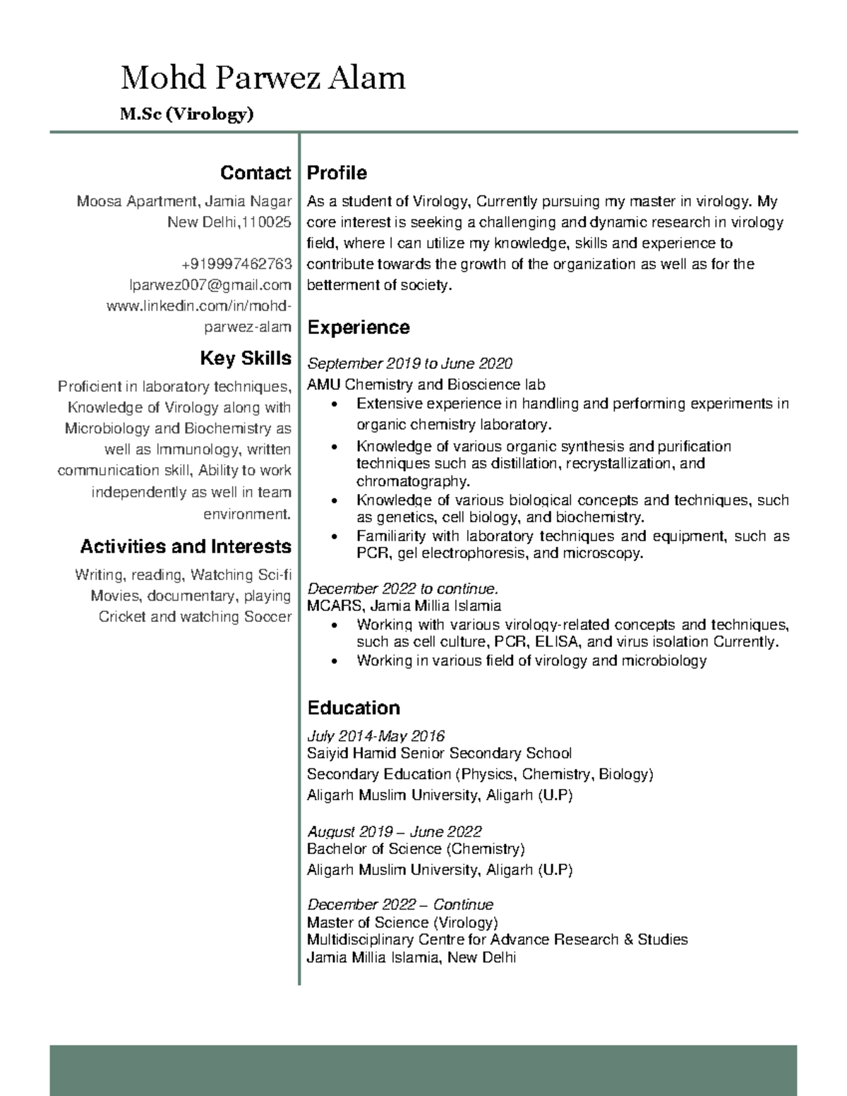 Mohd Parwez Alam (Resume) 1 - Mohd Parwez Alam M (Virology) Contact ...