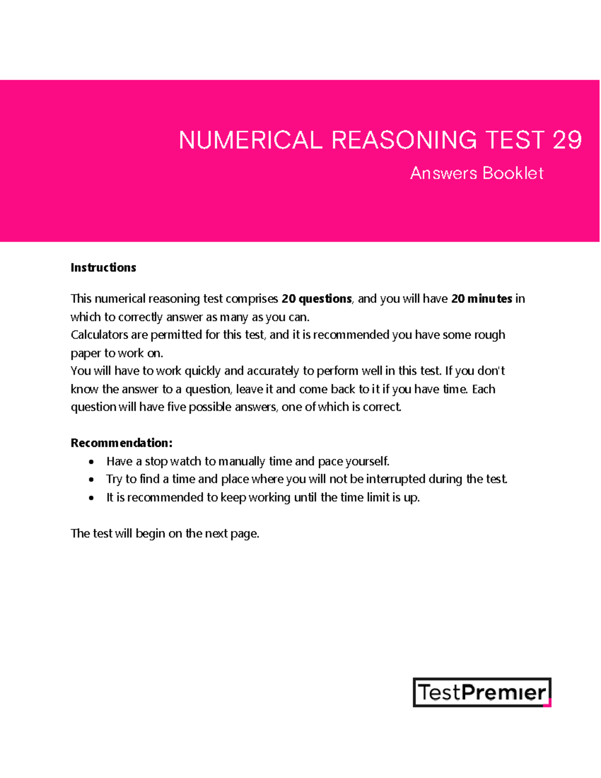 Numerical TEST 29 Answer - Instructions This numerical reasoning test ...