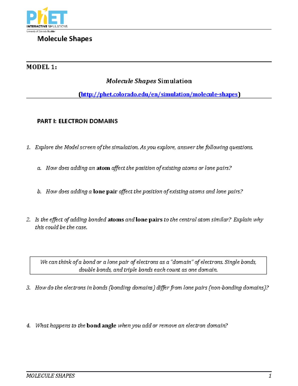Molecule-Shapes-Student-Handout - Molecule Shapes MODEL 1: Molecule ...