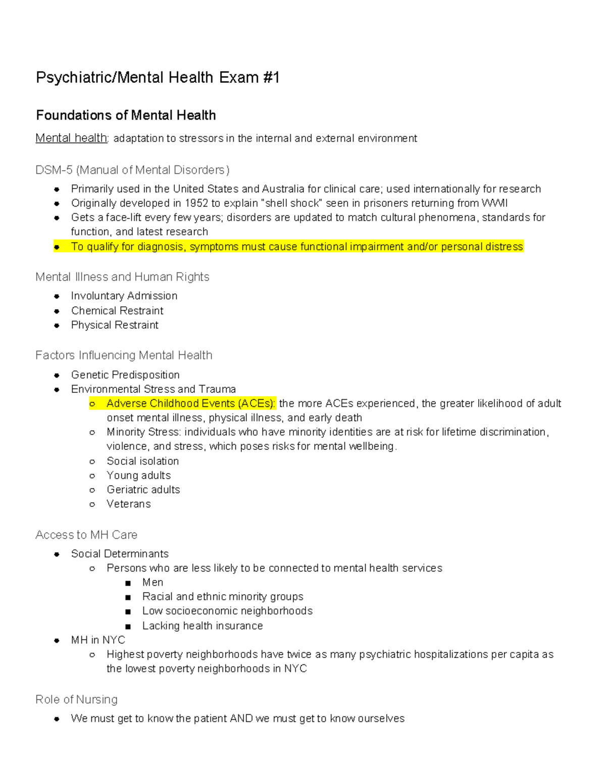 Psych Exam #1 Study Sheet - Psychiatric/Mental Health Exam Foundations ...