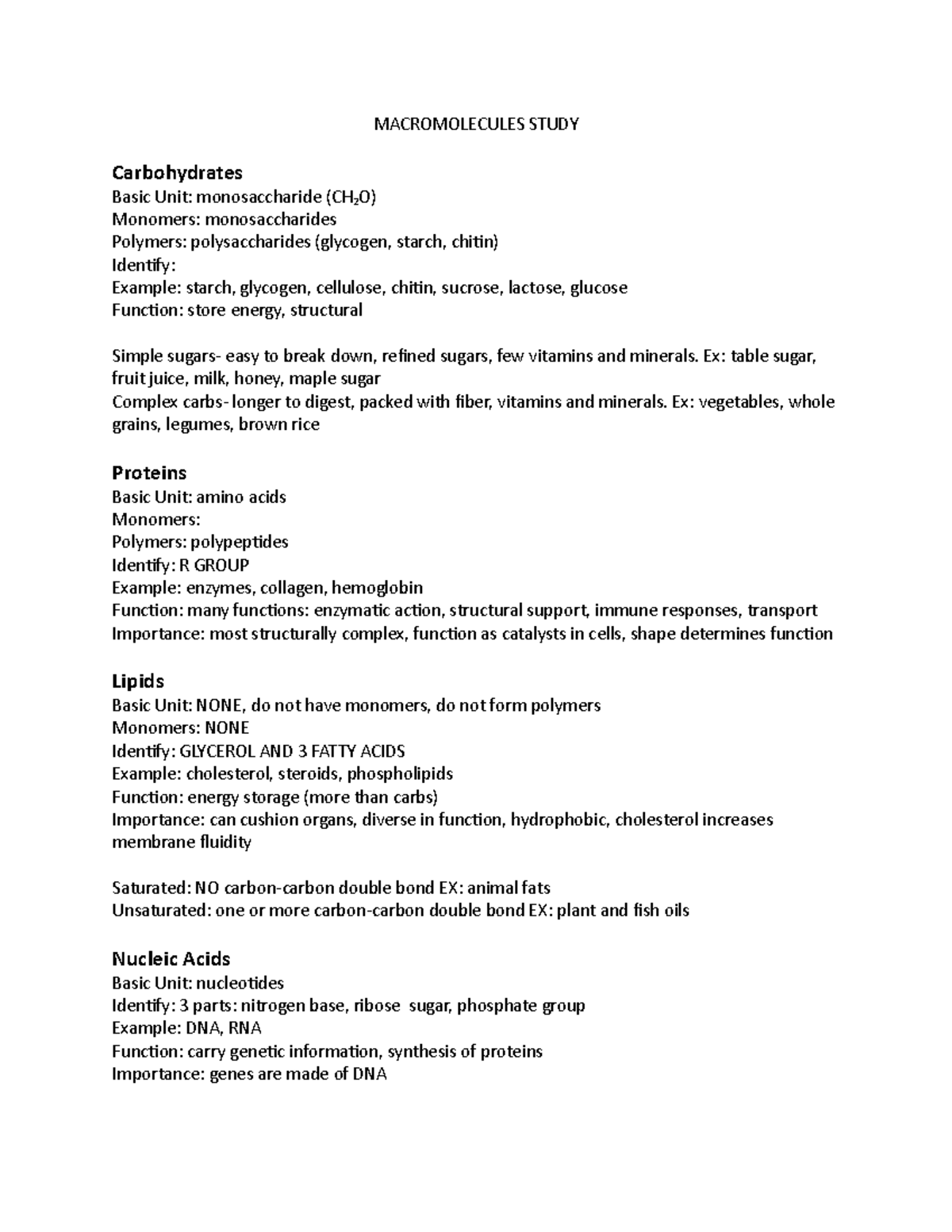 Macromolecules info for Exam1 - MACROMOLECULES STUDY Carbohydrates ...