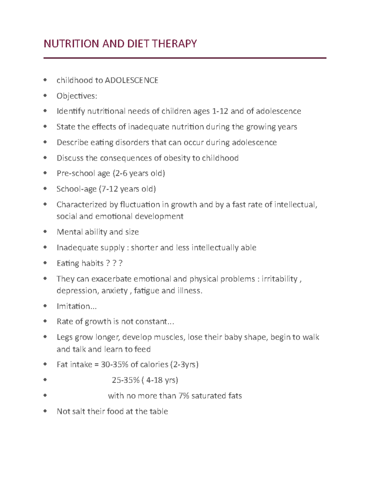 Across lifespan notes - NUTRITION AND DIET THERAPY childhood to ...