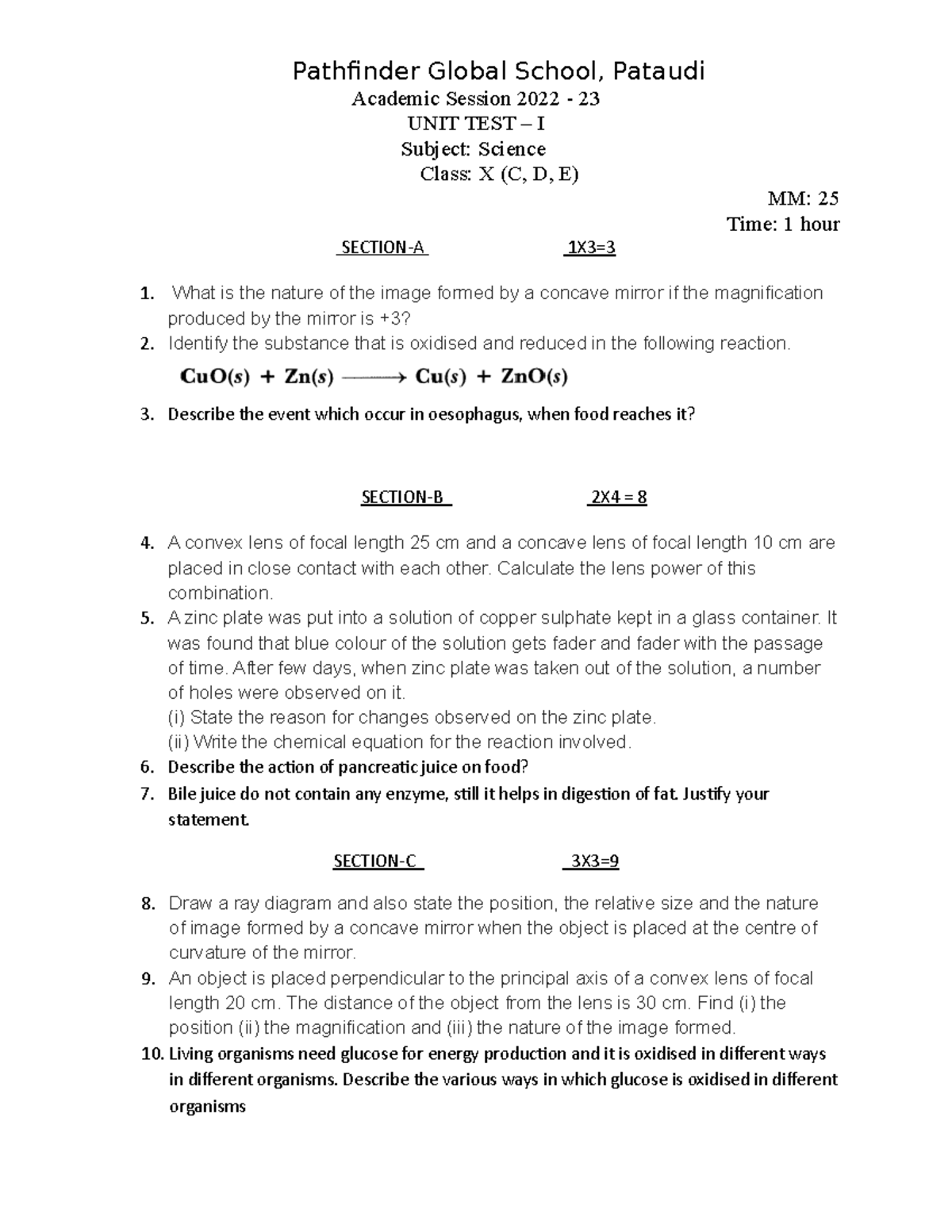UT1 X CDE 2022 -23 - Question paper - Pathfinder Global School, Pataudi ...