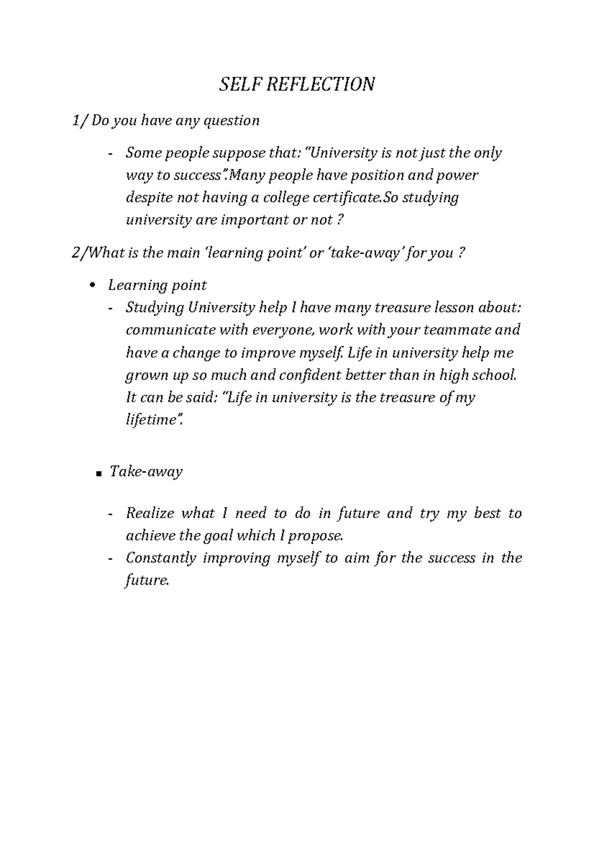 Self reflection - My note in accounting class - SELF REFLECTION 1/ Do ...