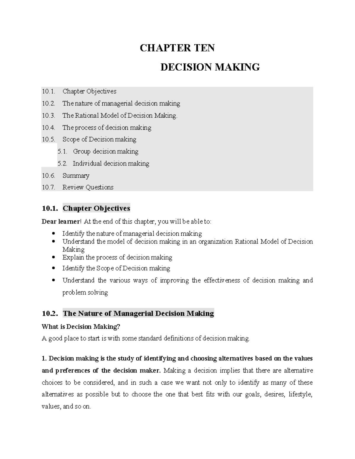 Decision making - notes - CHAPTER TEN DECISION MAKING 10. Chapter ...