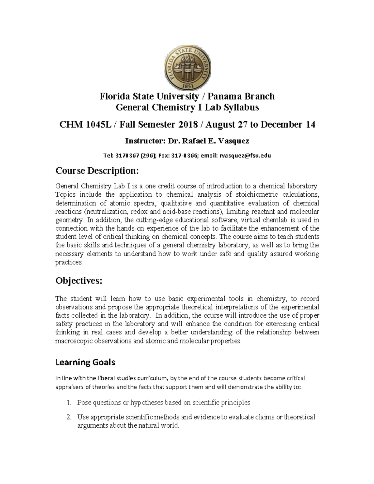 CHM 1045 L FSU - Syllabus - Florida State University / Panama Branch General Chemistry I Lab ...