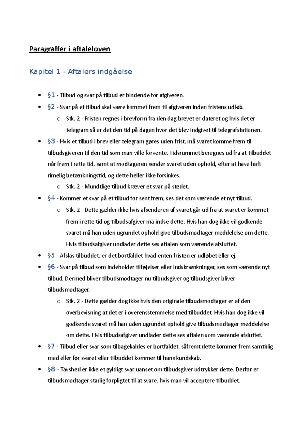 Paragraffer i aftaleloven - Paragraffer i aftaleloven Kapitel 1 - Aftalers indgåelse §1 - Tilbud ...