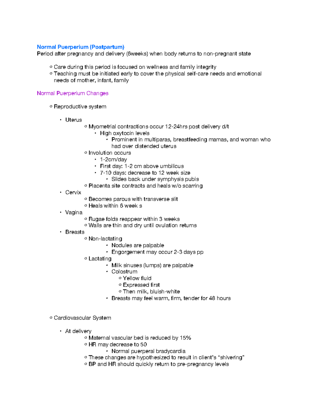 OB Study Guide- part 4 Postpartum - Normal Puerperium (Postpartum ...