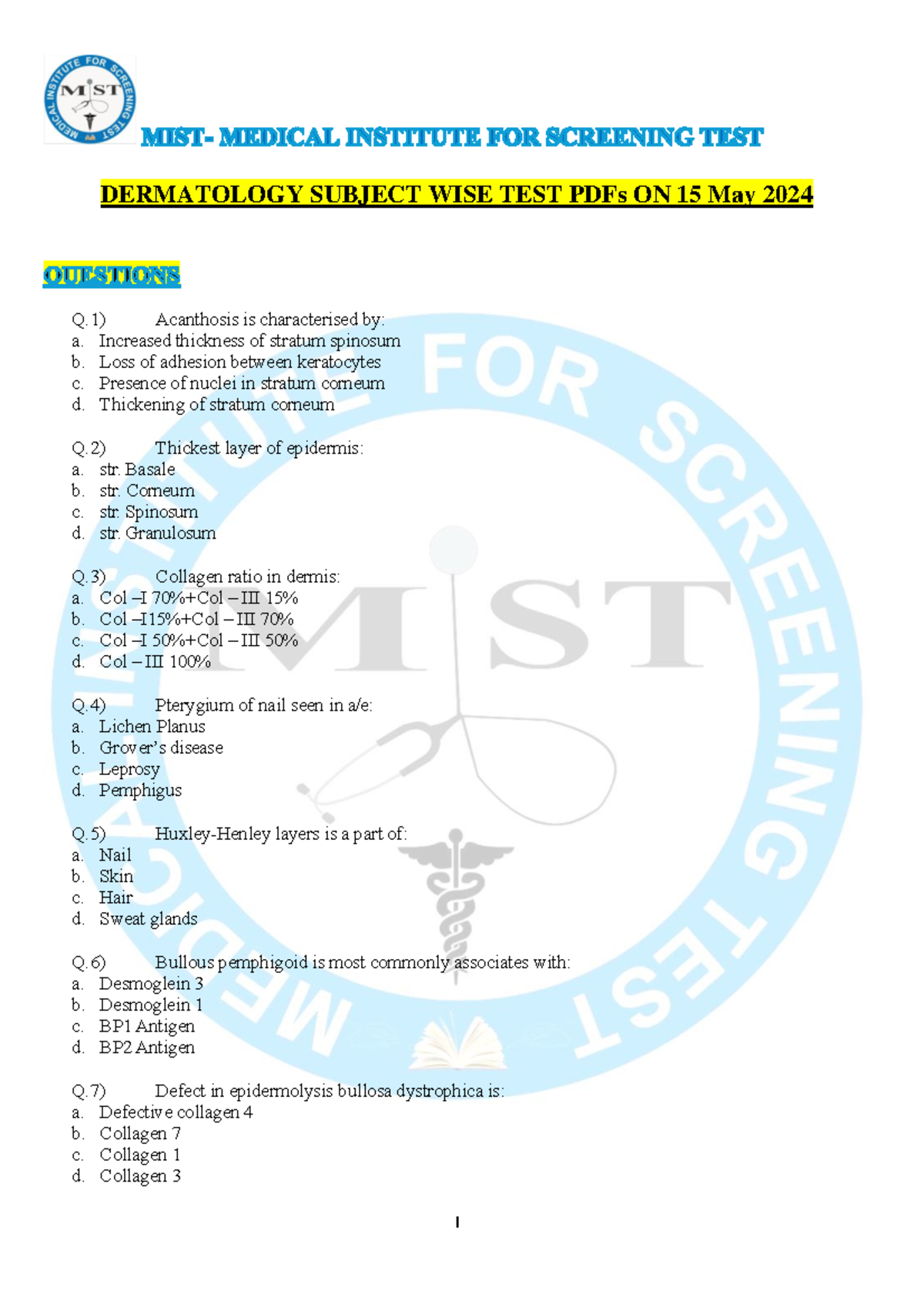 MIST Dermatology Subject WISE TEST Students PDFs ON 15 May 2024 - Q ...